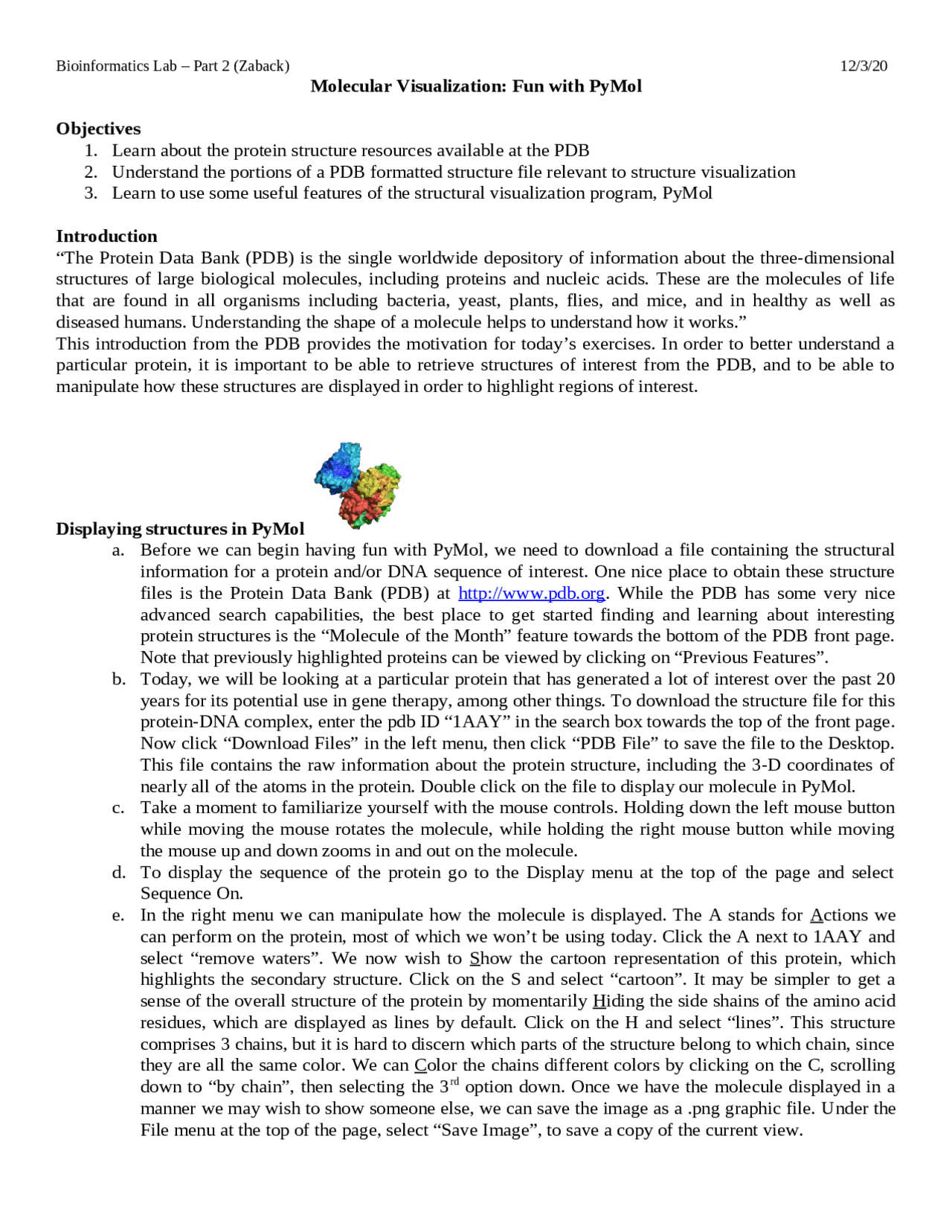 Lab Part 2 Molecular Visualization Fun With Pymol Bcb 444 Lab Reports Bioinformatics Docsity
