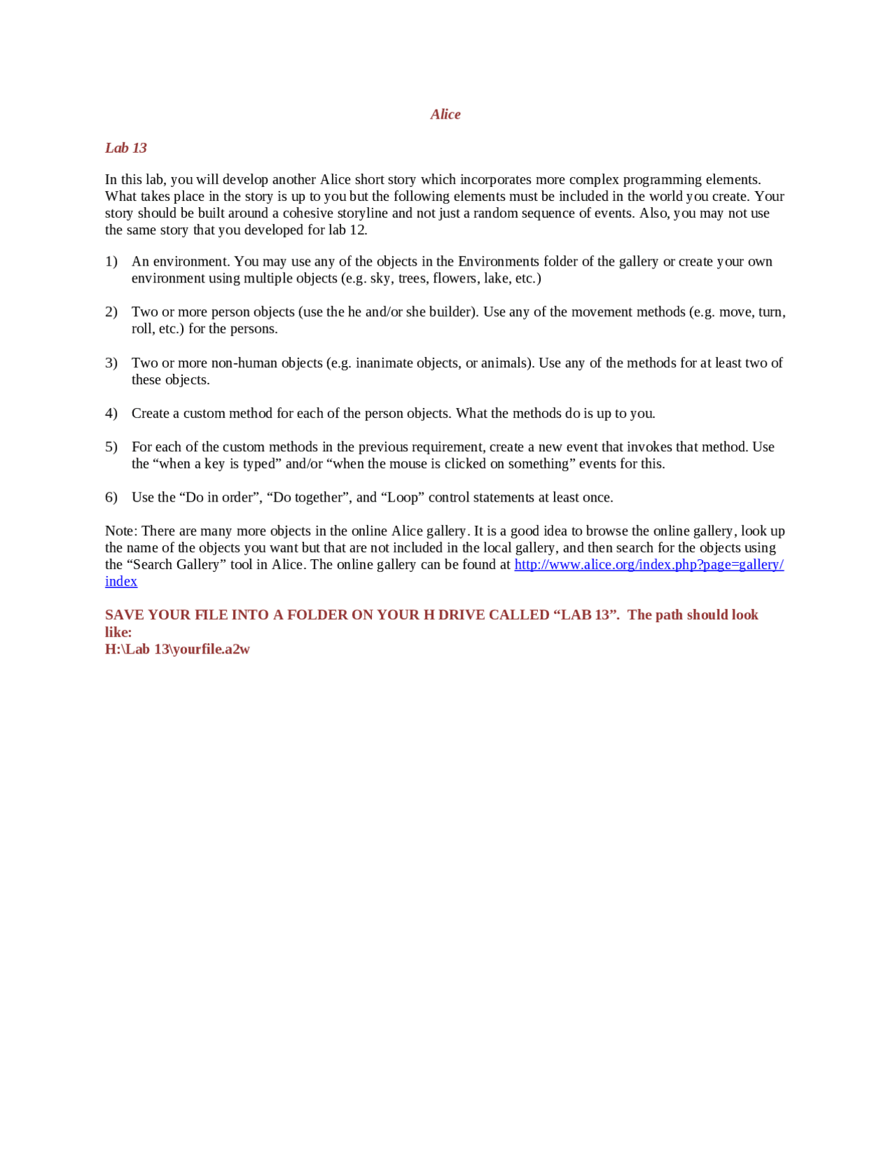 Introduction to Computer Concepts - Alice - Lab 13 | CSCE 101 - Docsity