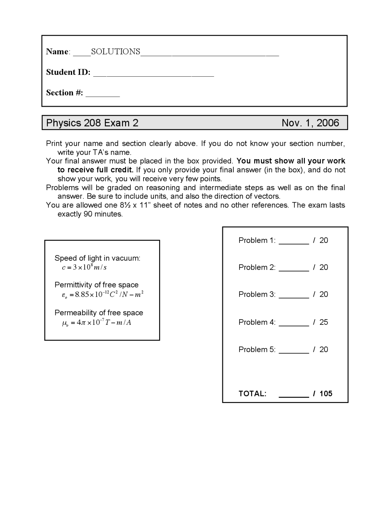 Exam 2 With Solution General Physics Physics 208 Docsity