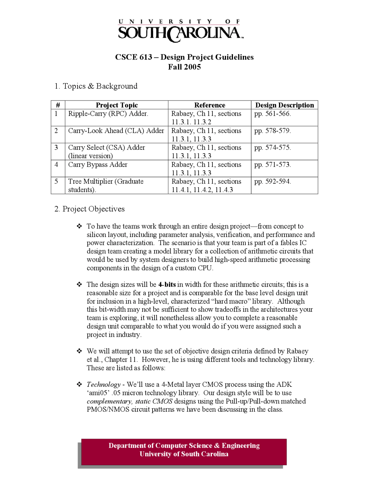 Fundamentals Of Vlsi Chip Design Design Project Guidelines Fall