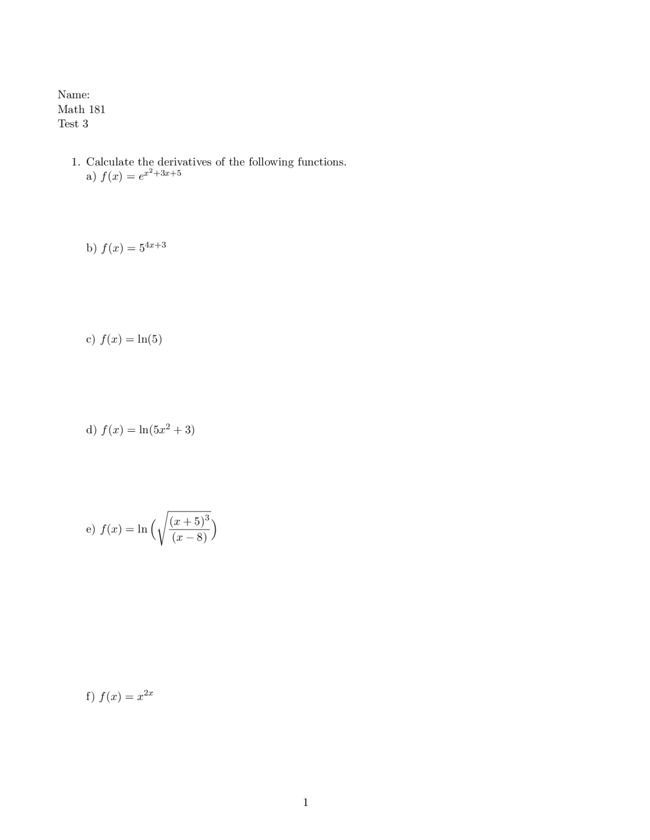 Exam 3 With 5 Questions Life Science Calculus And Model I Math 181