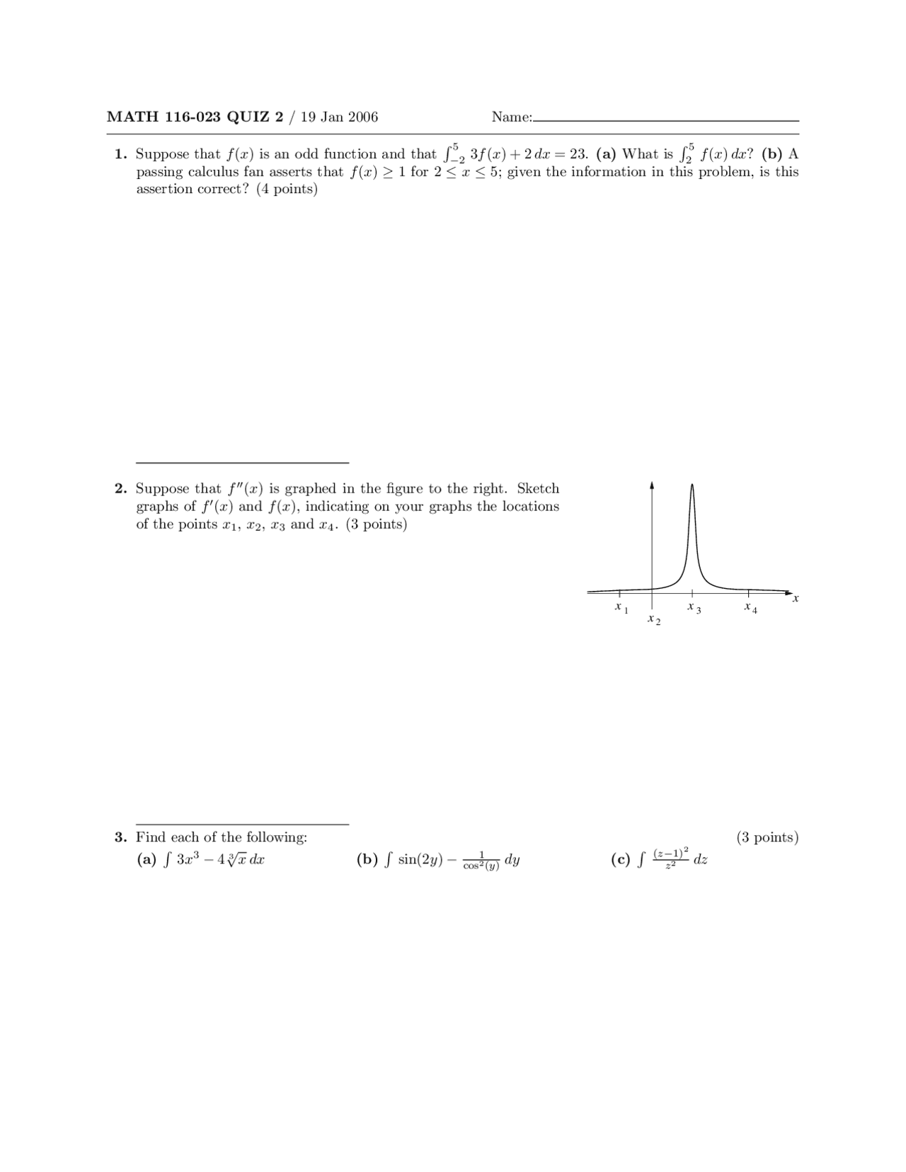 Three Questions On Calculus Ii Quiz Ii Math 116 Docsity