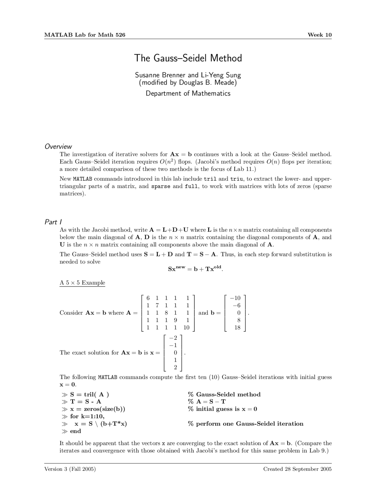 The Gauss Seidel Method - Numerical Linear Algebra | MATH 526 | Lab ...