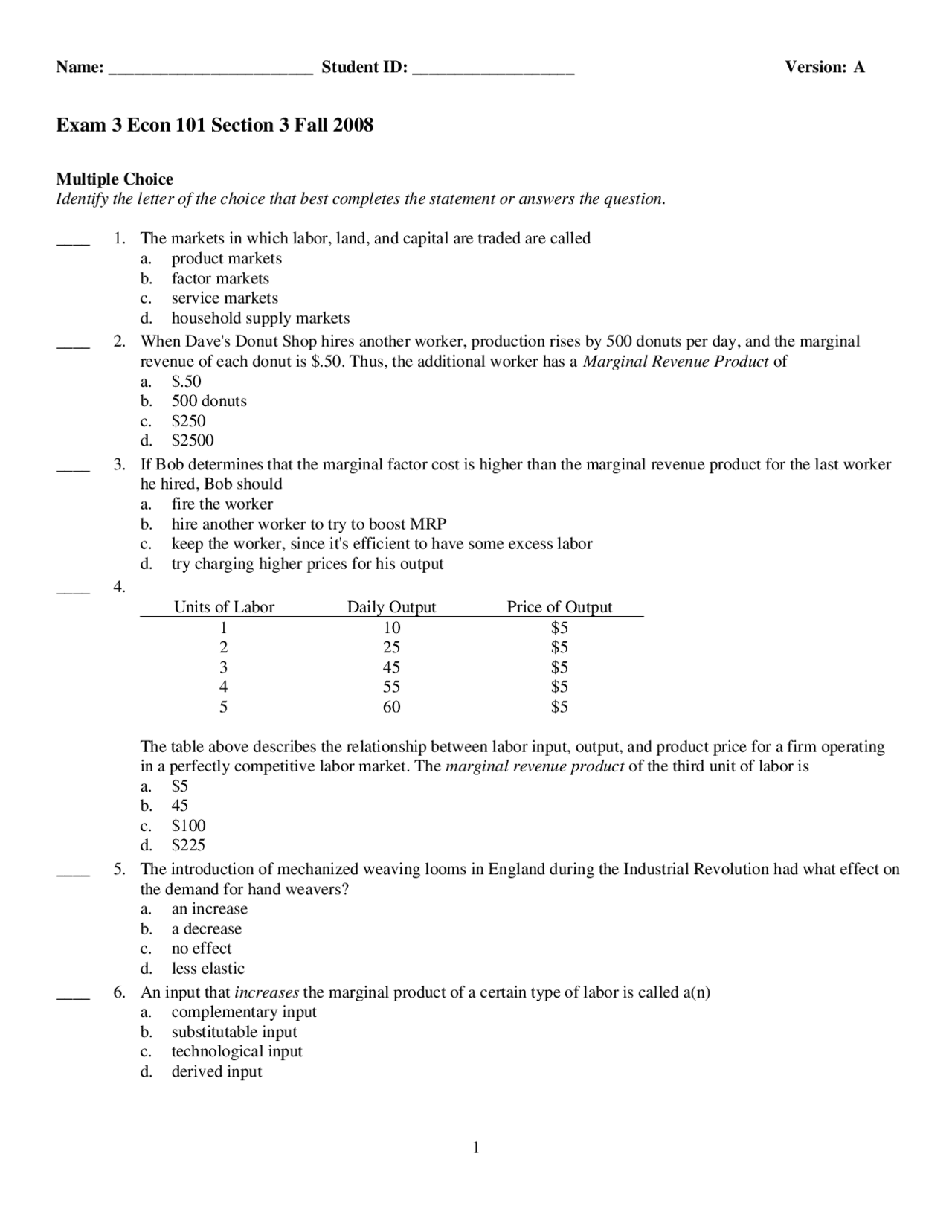 Econ 101 Exam 3: Fall 2008 - Multiple Choice Questions on Markets and ...