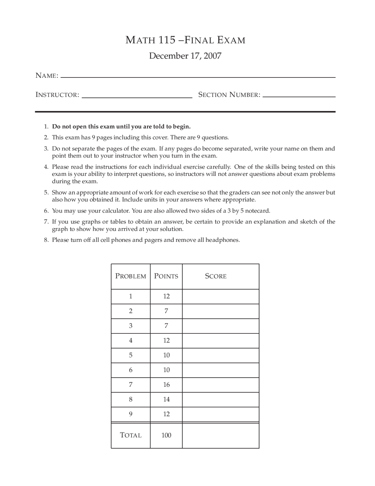 9 Unsolved Problems On Calculus I Examination 4 Math 115 Docsity