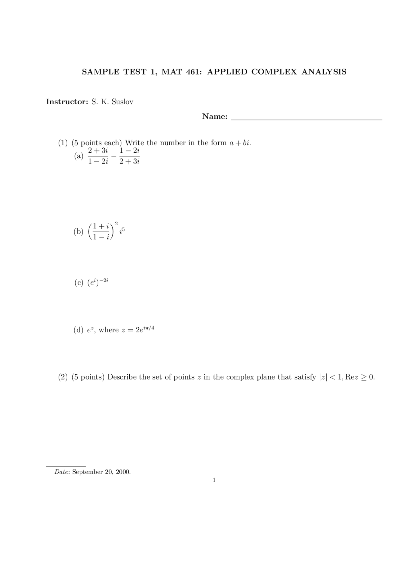 Sample Final Exam Applied Complex Analysis Mat 461 Docsity