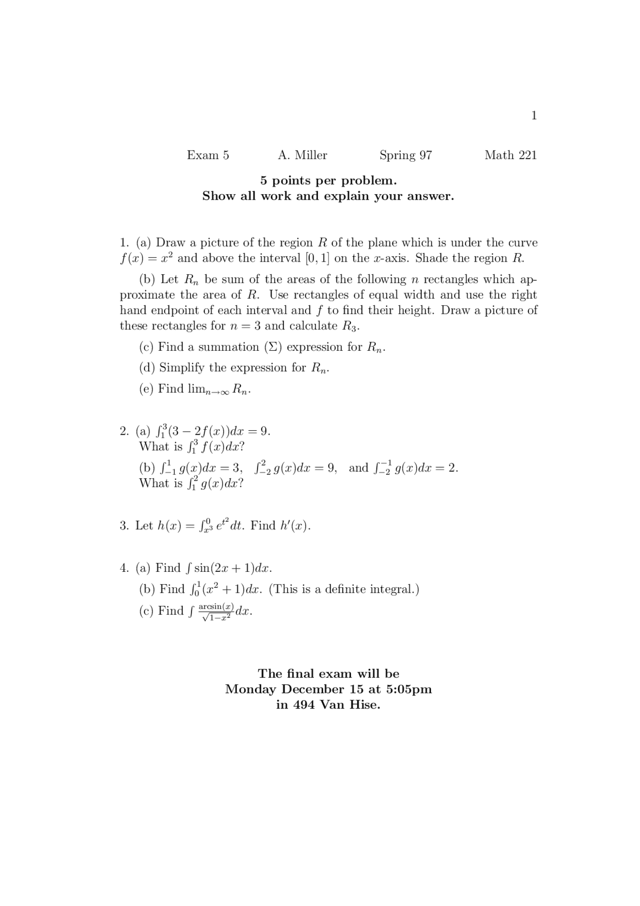 Old Exam 5 With Resolution Calculus And Analytic Geometry Math 221