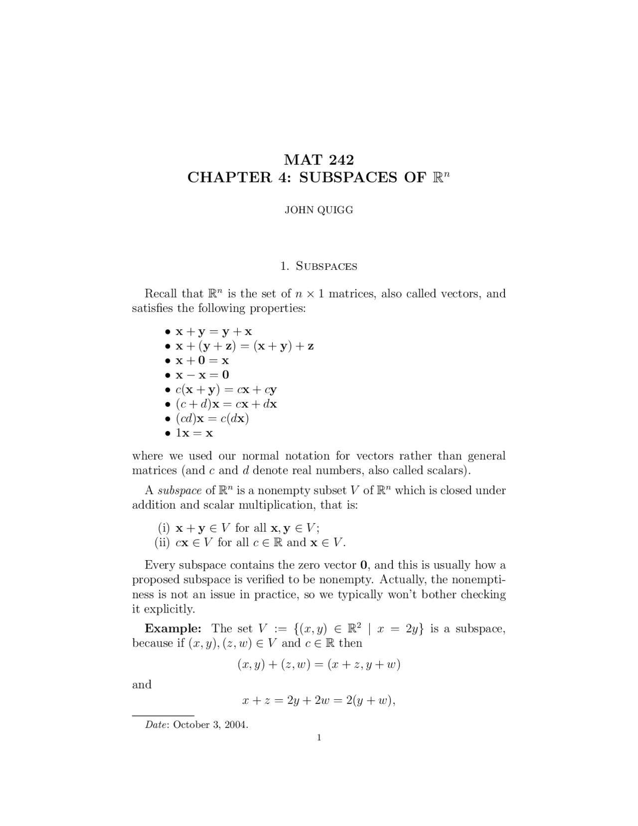 Examples on Elementary Linear Algebra - Subspaces of Rn | MAT 242 - Docsity