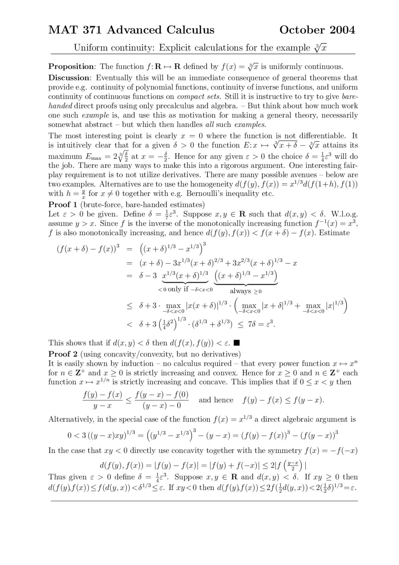 Uniform Continuity Explicit Calculations Advanced Calculus I Mat 371 Docsity