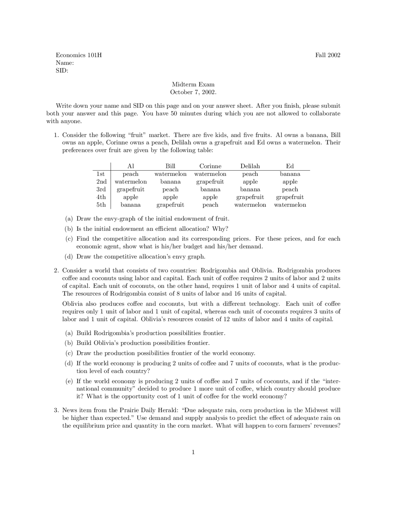 Midterm Exam on Honors Principle Economics - Fall 2002 | ECON 101H - Docsity