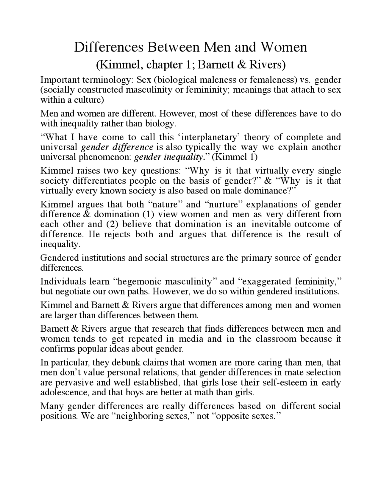 Differences Between Men and Women - Lecture Notes | SOC 327 - Docsity