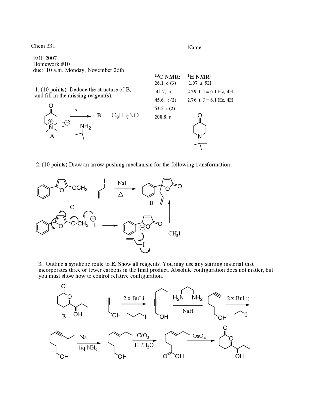 Questions on Organic Chemistry - Homework 10 | CHEM 331 - Docsity
