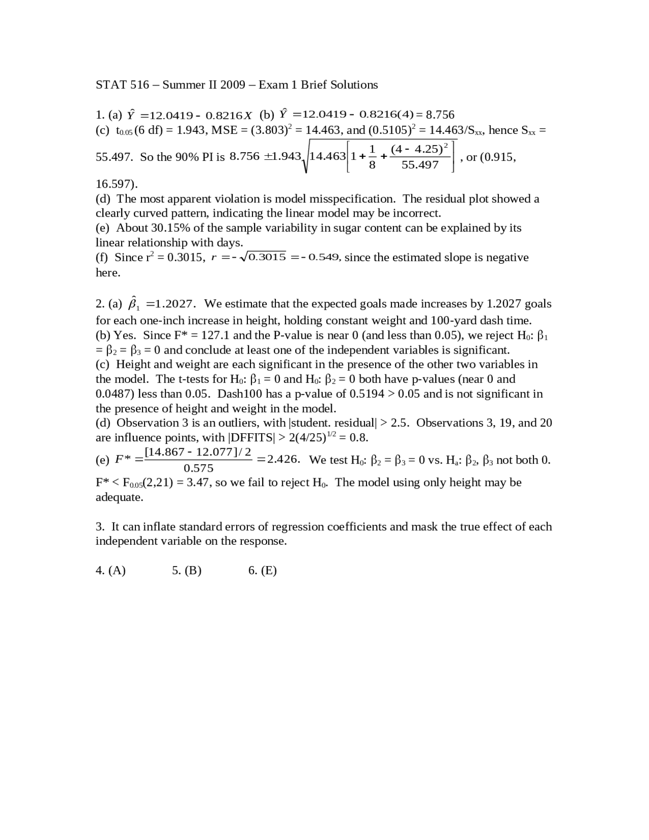 STAT 516 Summer II 2009 Exam 1 Solutions: Regression Analysis | Exams Data Analysis ...