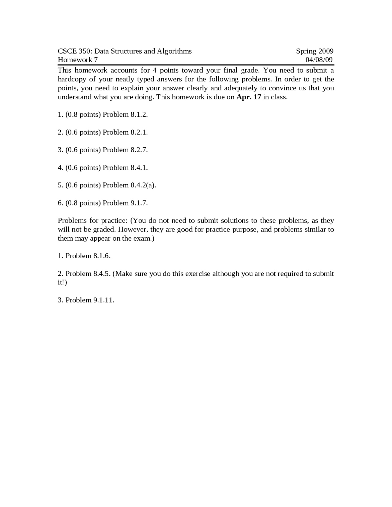 9 Problems On Data Structure And Algorithms Worksheet 7 Csce 350 Docsity