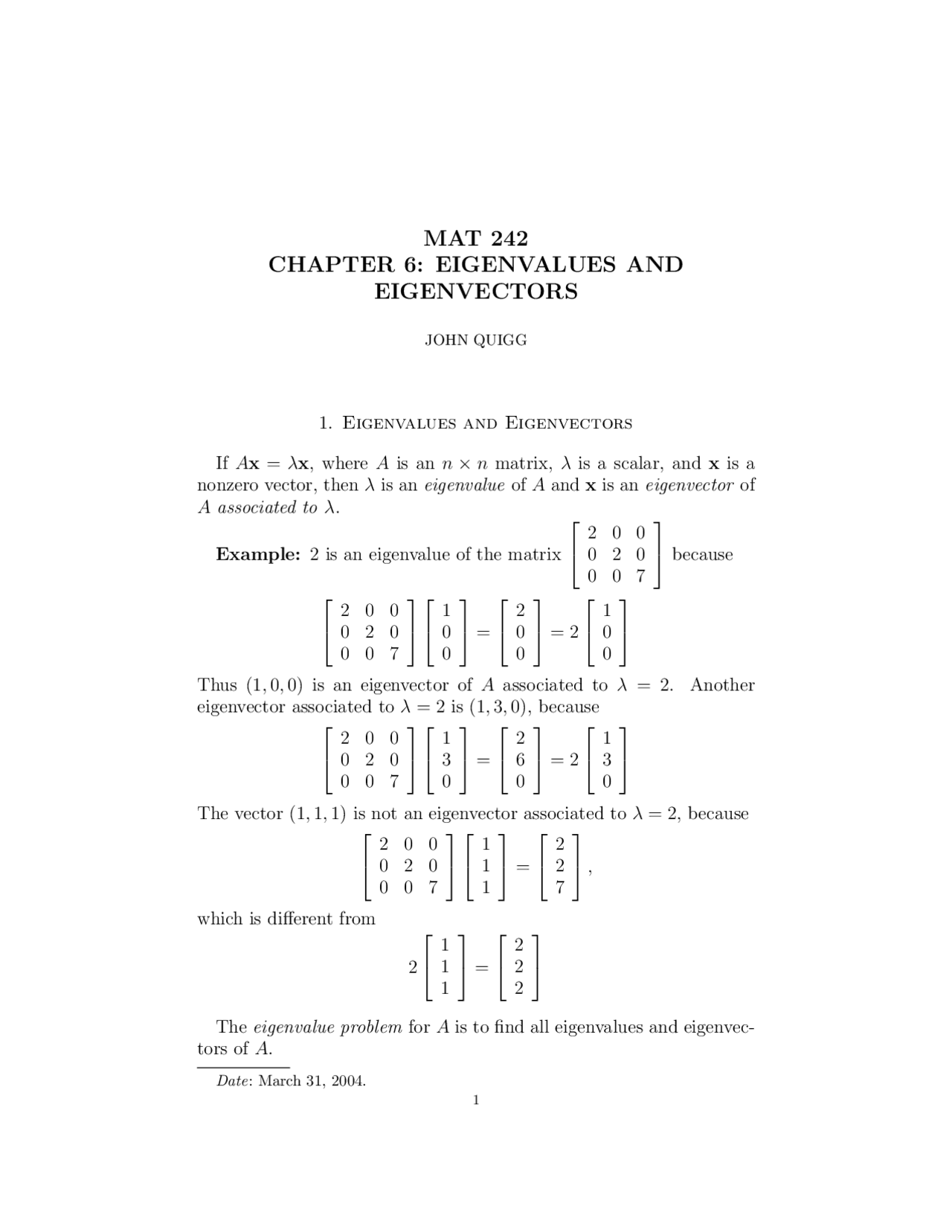 Eigenvalues And Eigenvectors Of Elementary Linear Algebra Notes Mat