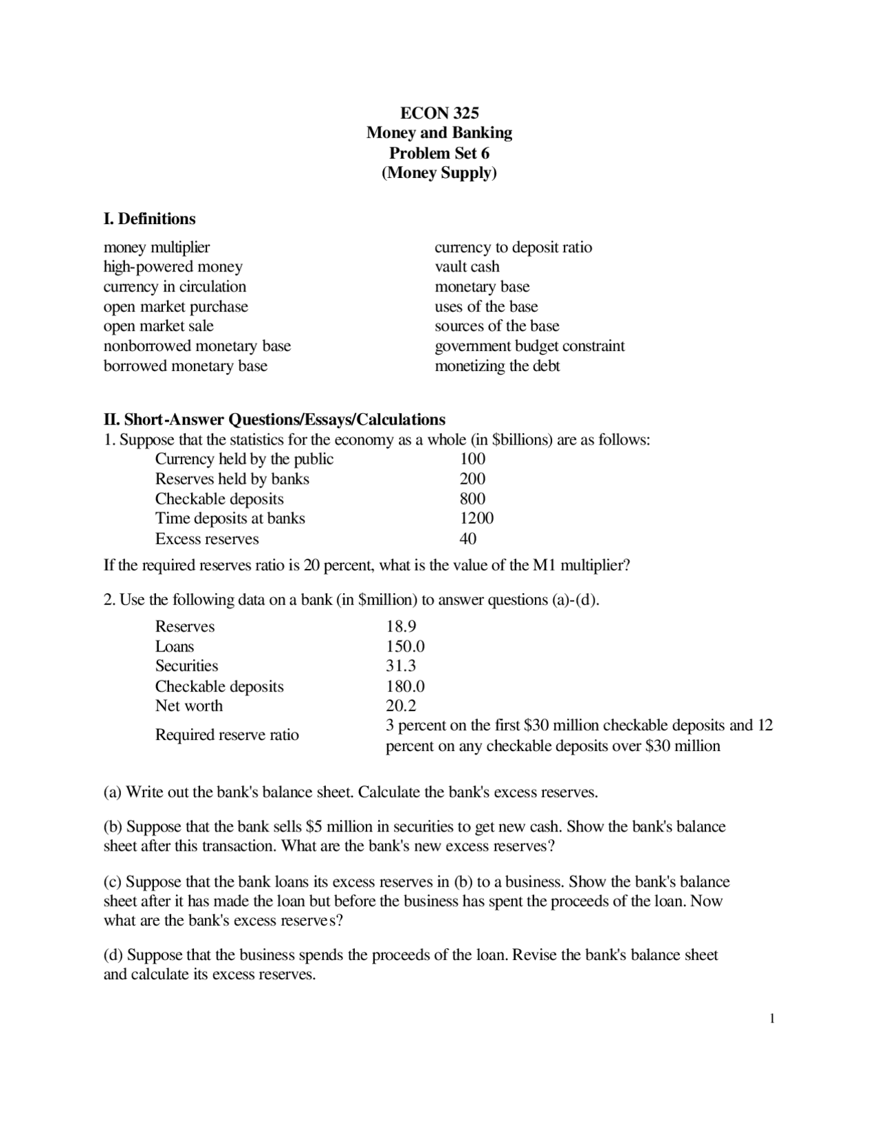 Problem Set 6 Money And Banking Econ 325 Docsity