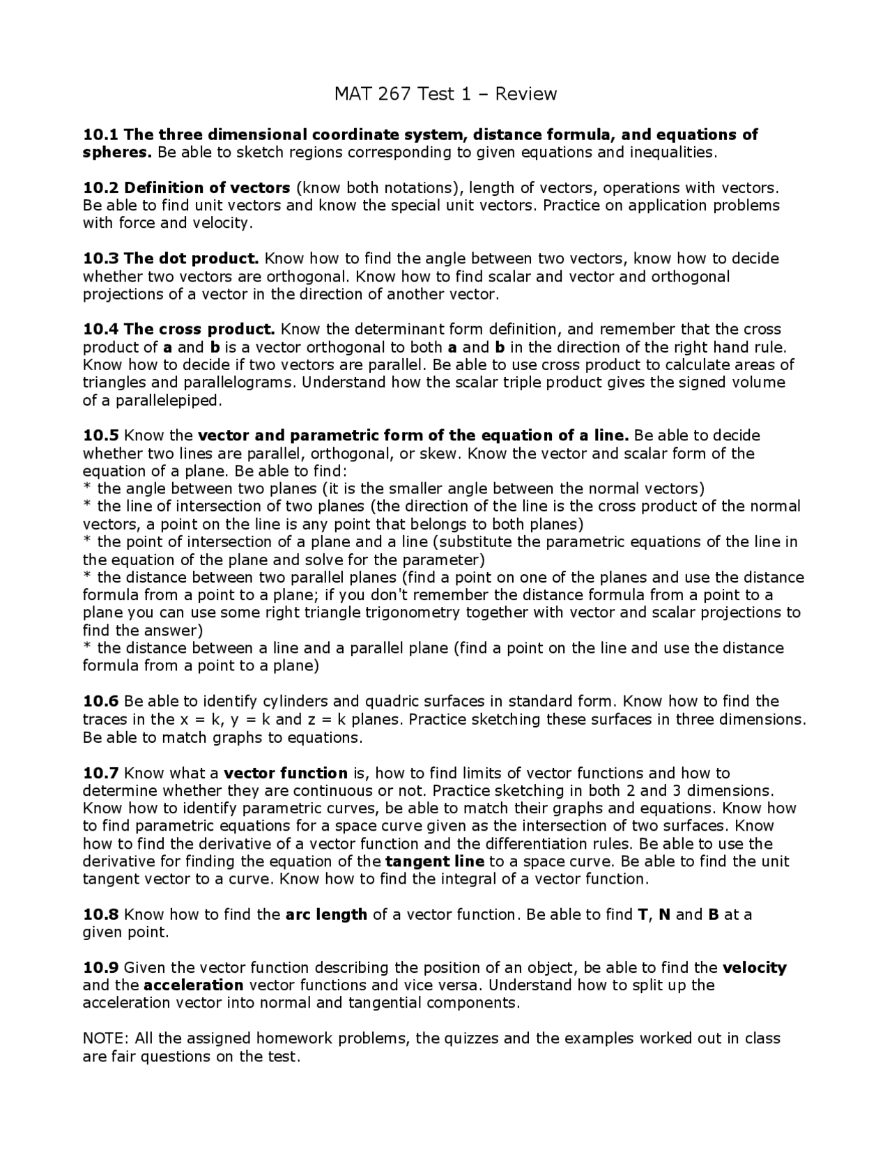 Calculus For Engineers Iii Test 1 Review Mat 267 Docsity