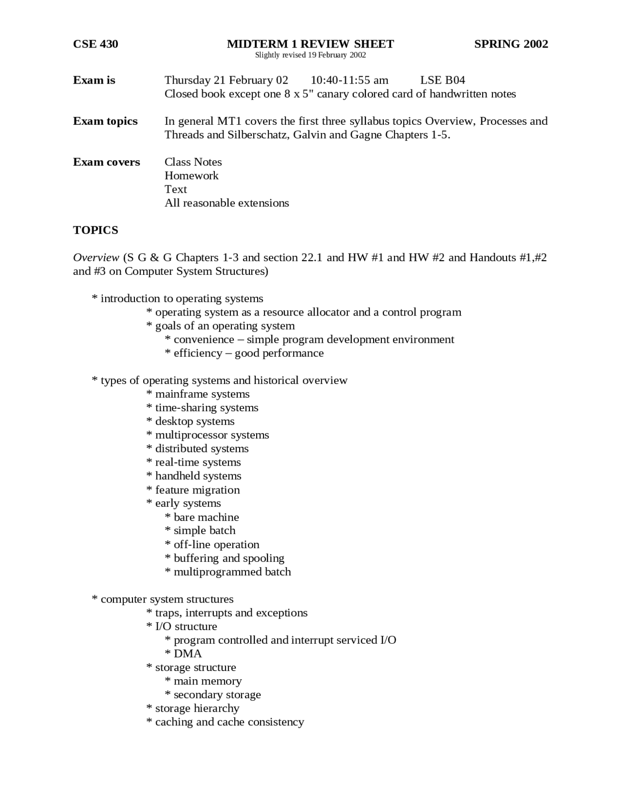 Review Sheet For Exam 1 Operating Systems Cse 430 Docsity
