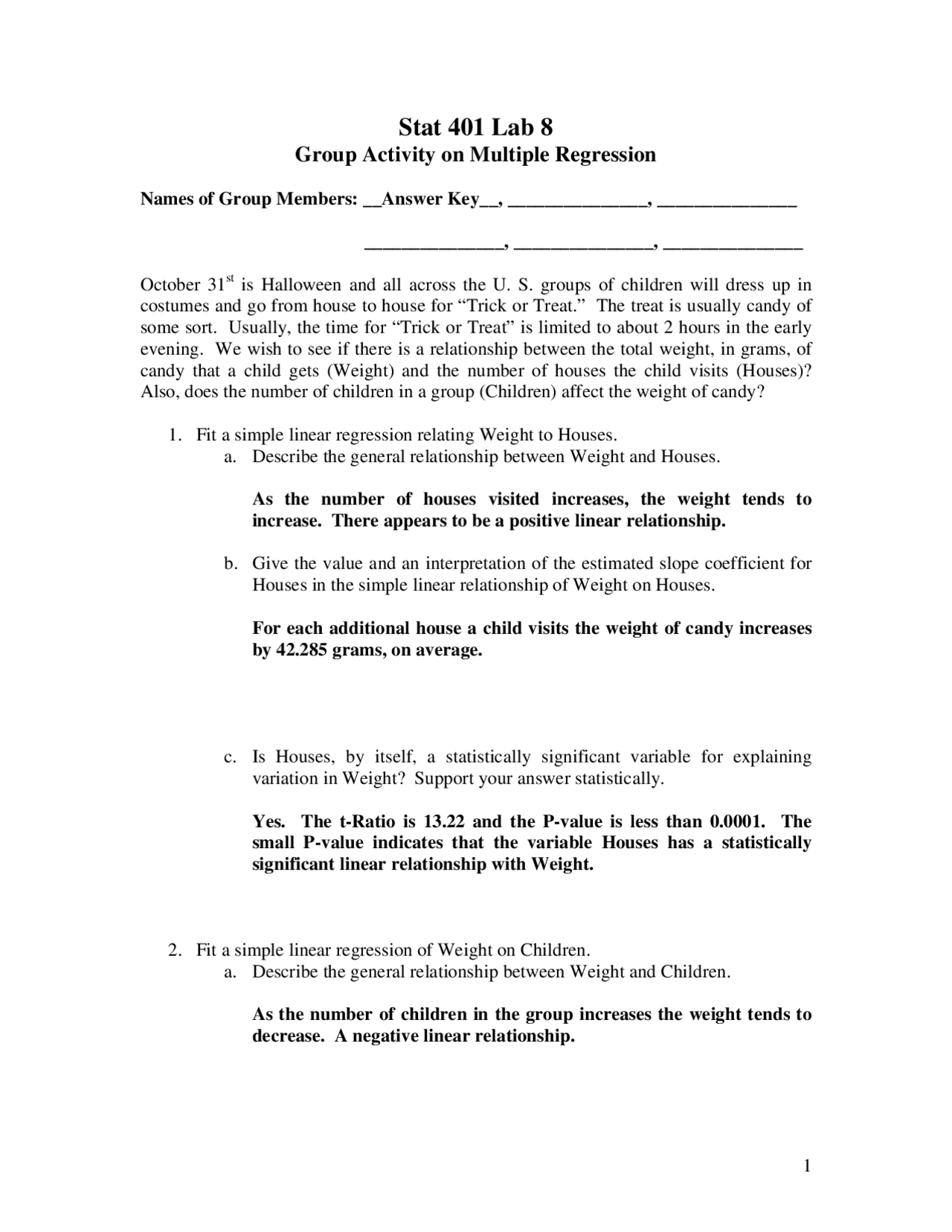 Group Activity On Multiple Regression Laboratory 8 Stat 401 Docsity