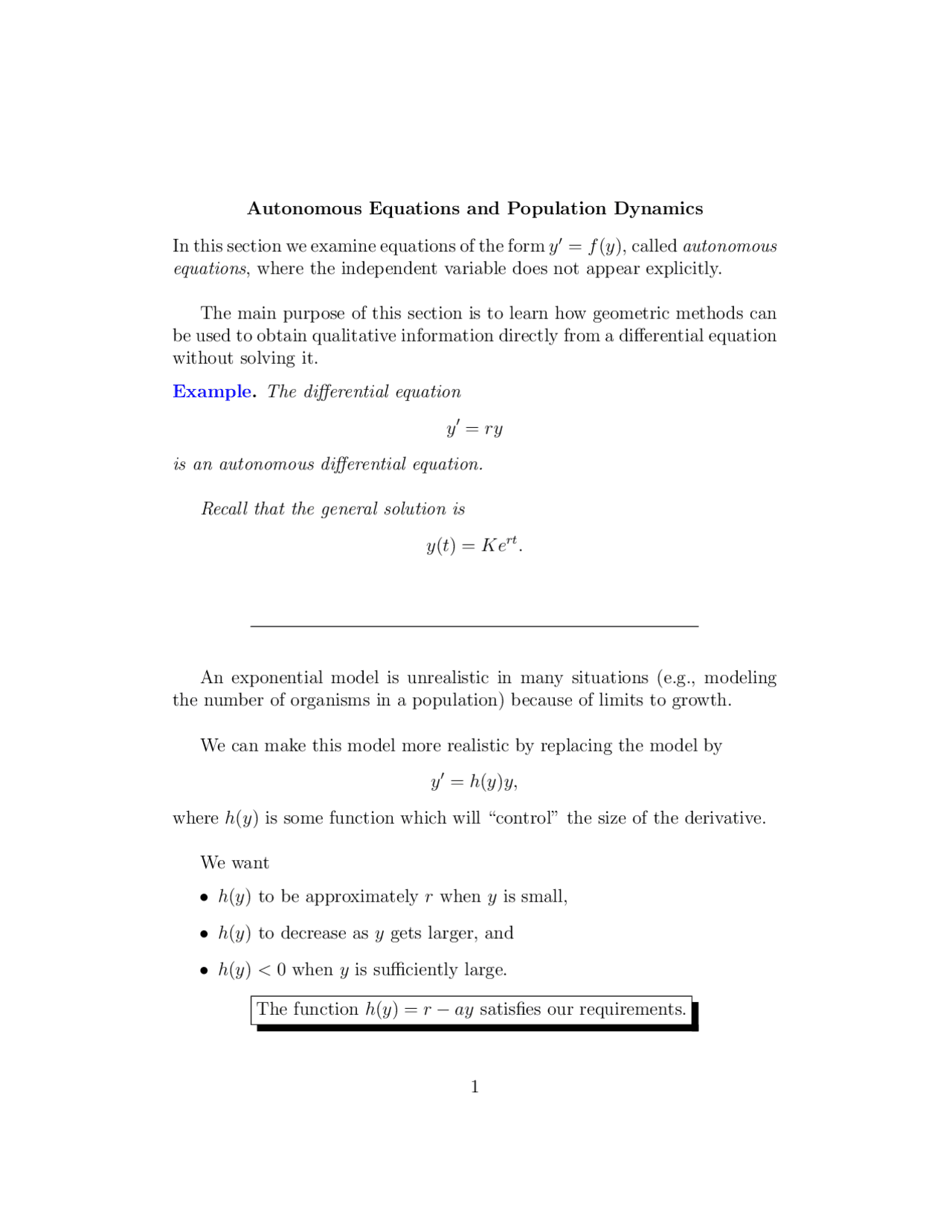 Autonomous Equations and Population Dynamics - Lecture Notes | MATH 267 ...