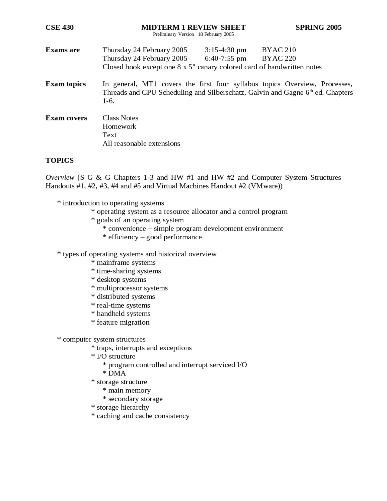 Midterm Review Sheet For Operating Systems Cse 430 Docsity