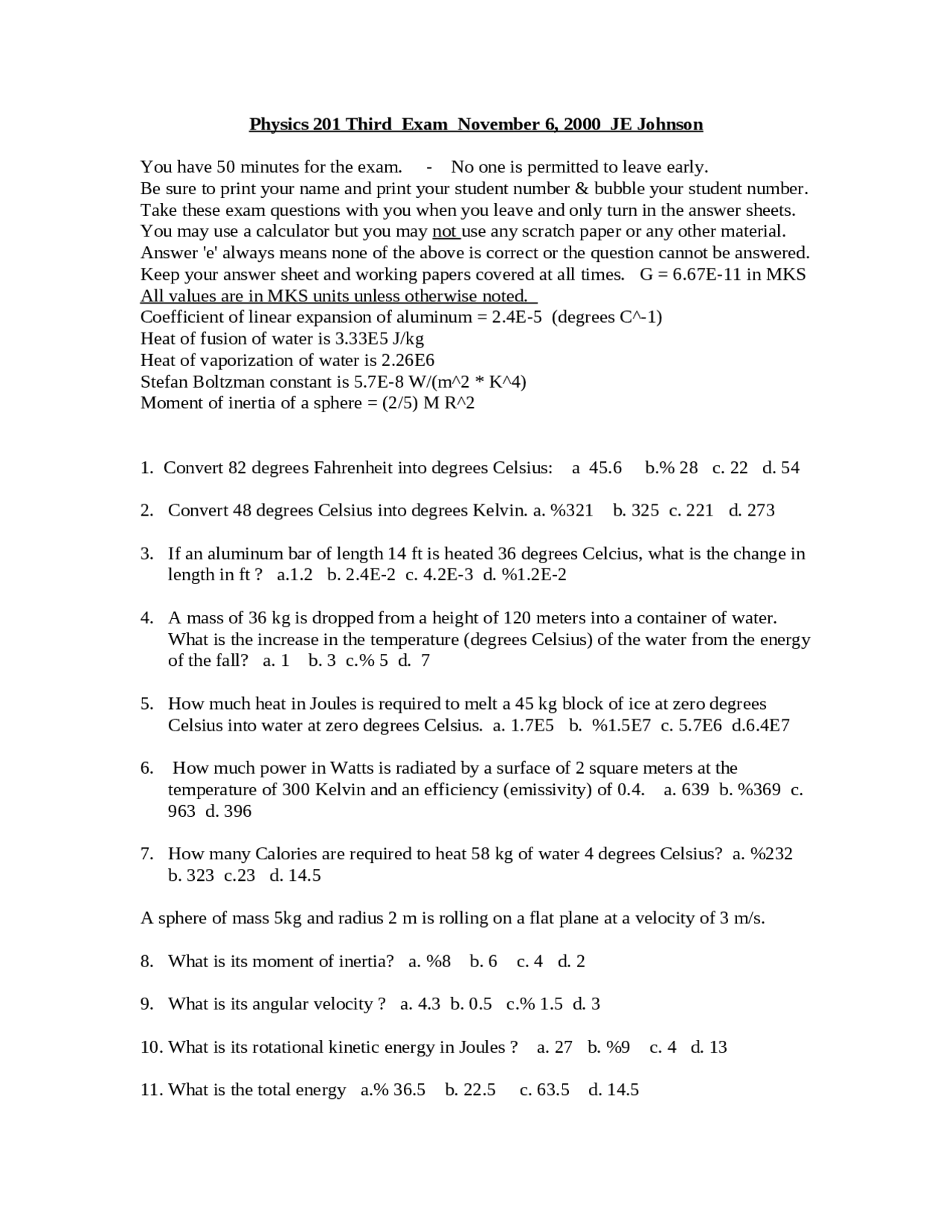 General Physics I - Sample Exam 3 | PHYS 201 - Docsity
