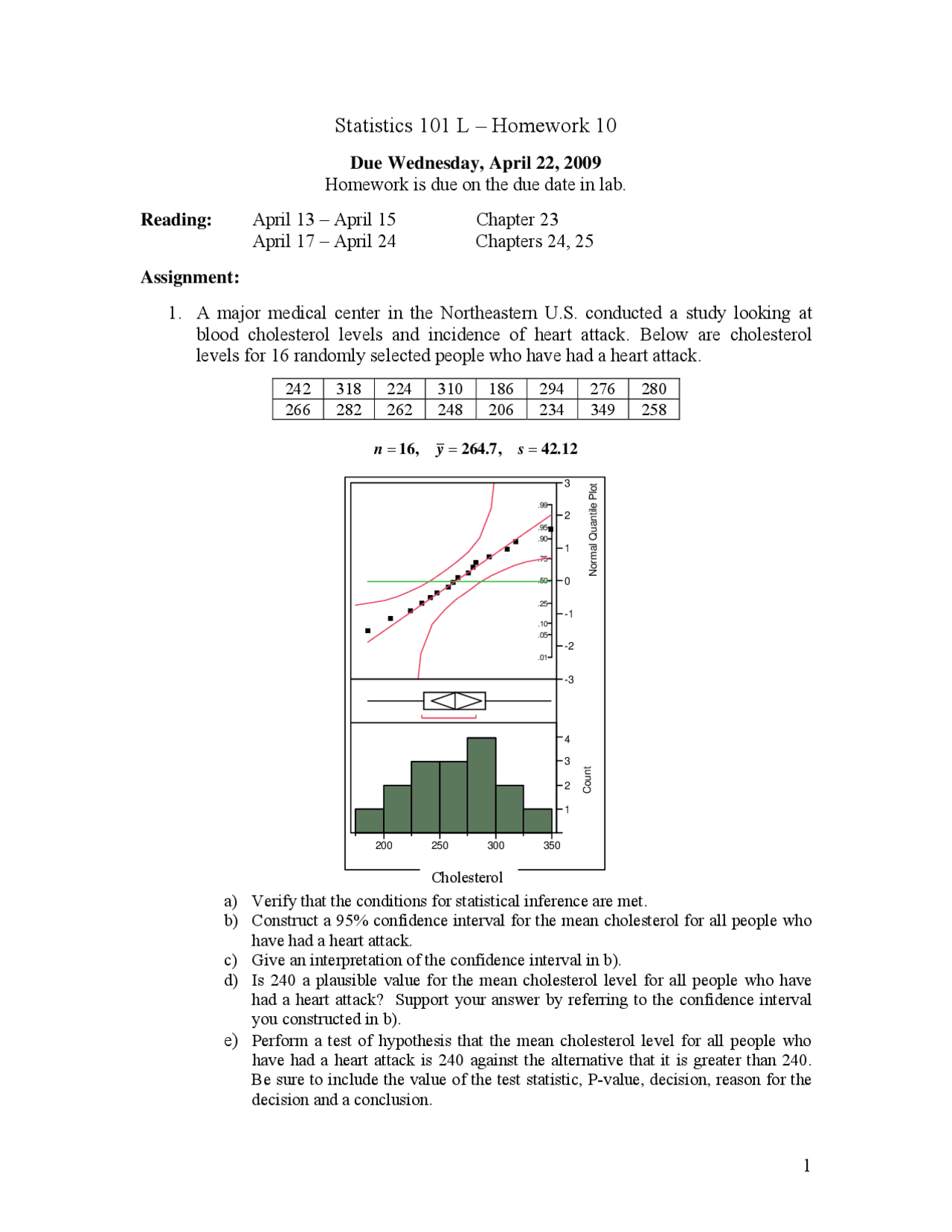Homework 10 Questions For Principles Of Statistics Stat 101 Docsity