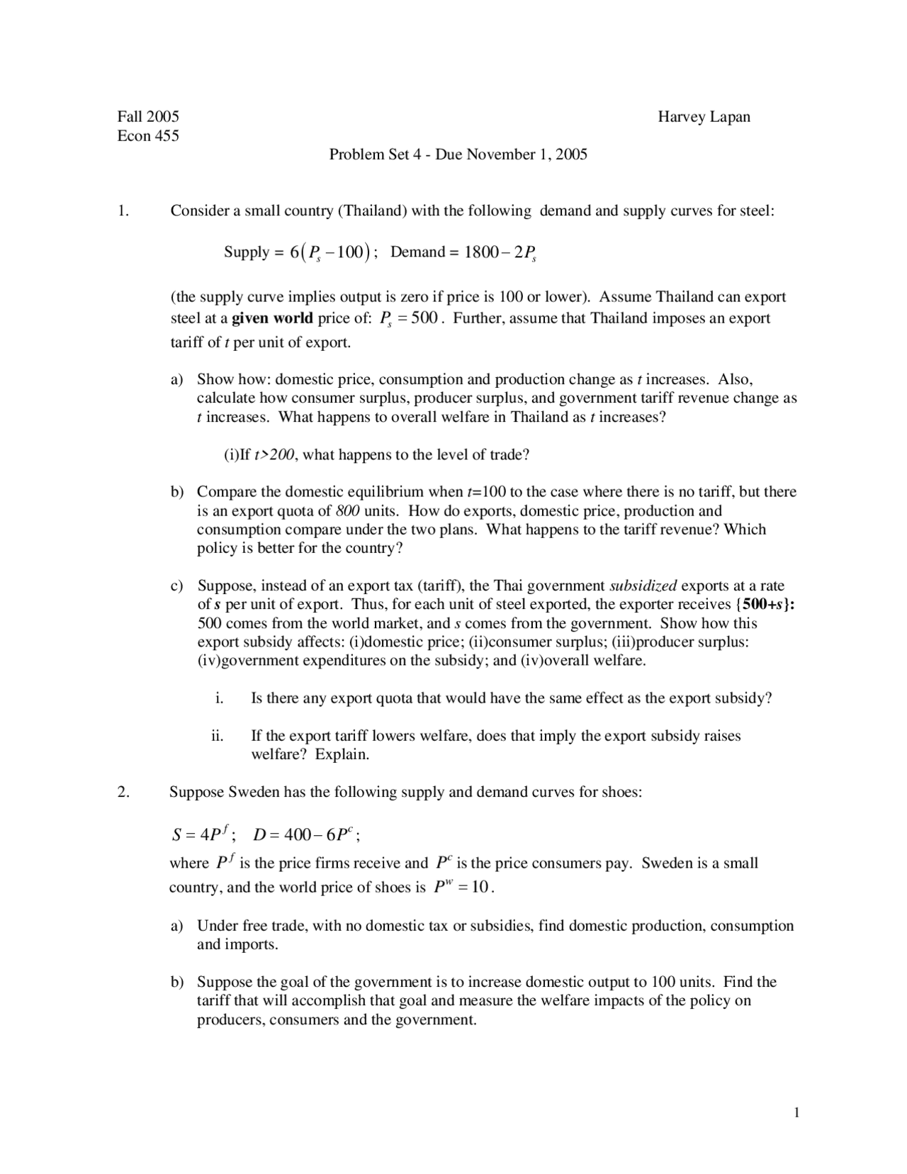Problem Set 4 International Trade Econ 455 Docsity