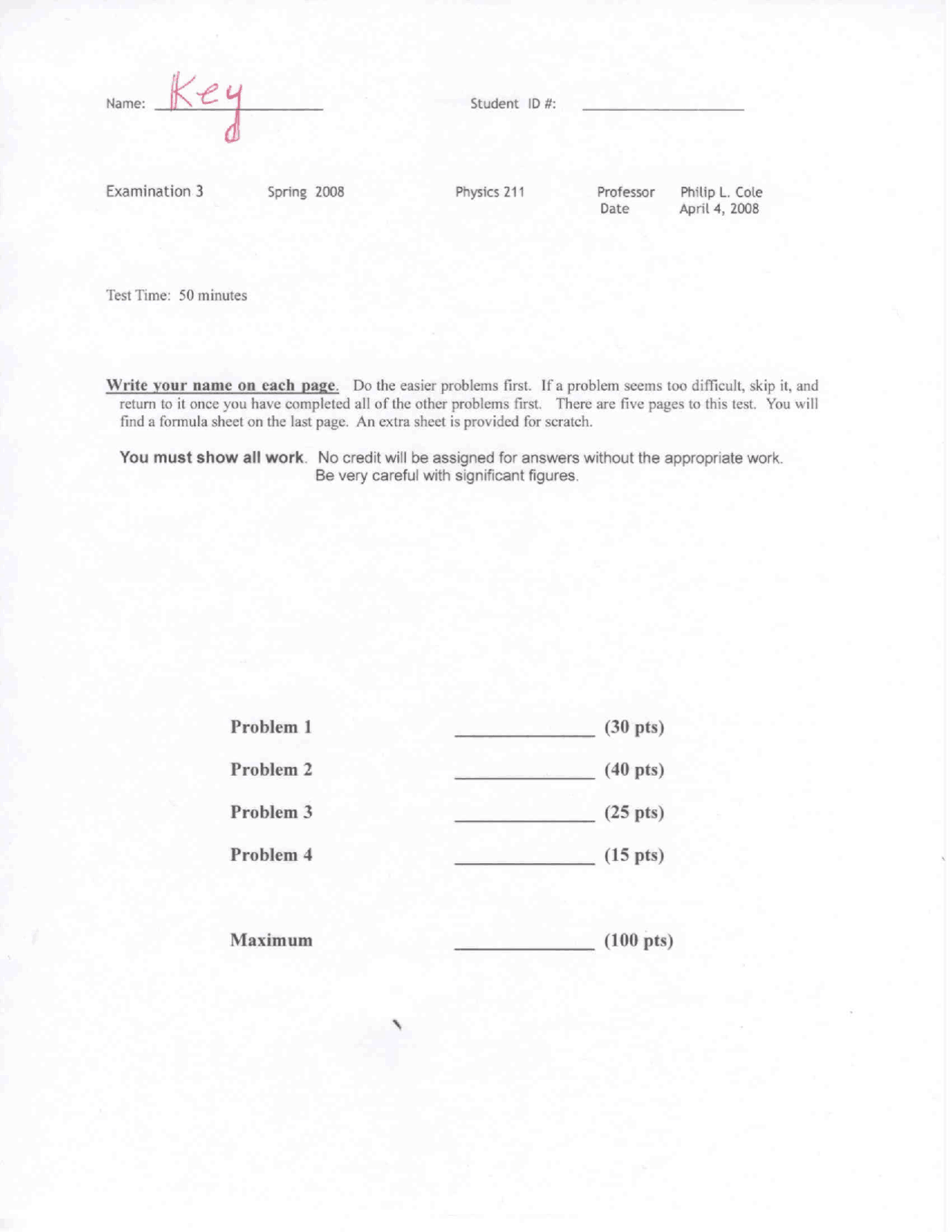 Solutions To Exam 3 For Engineering Physics I Phys 211 Docsity