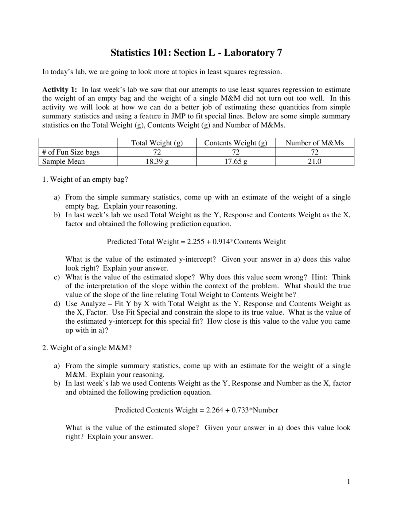 Principles Of Statistics Practice Laboratory 7 Stat 101 Docsity