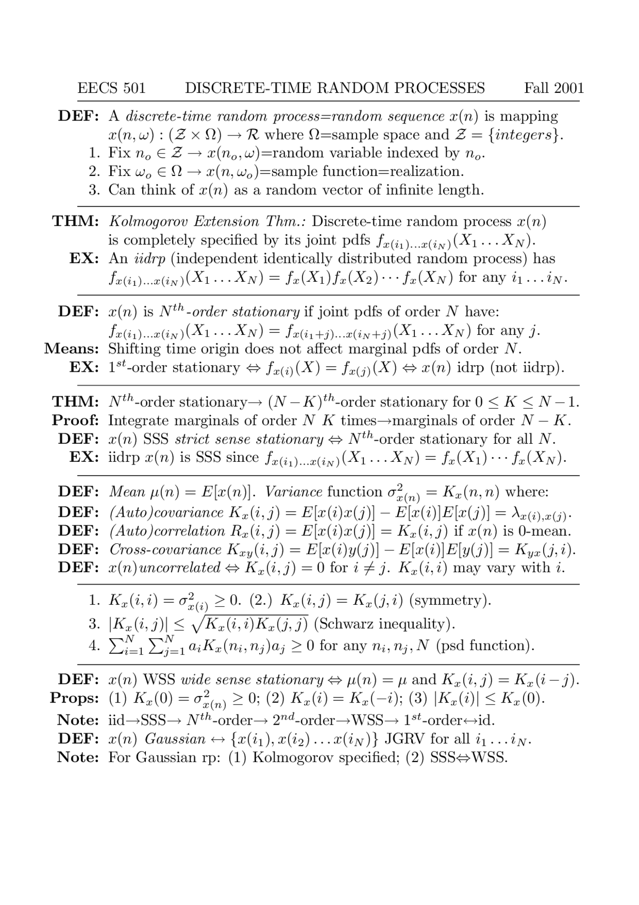 Discrete Time Random Processes Notes Eecs 501 Docsity