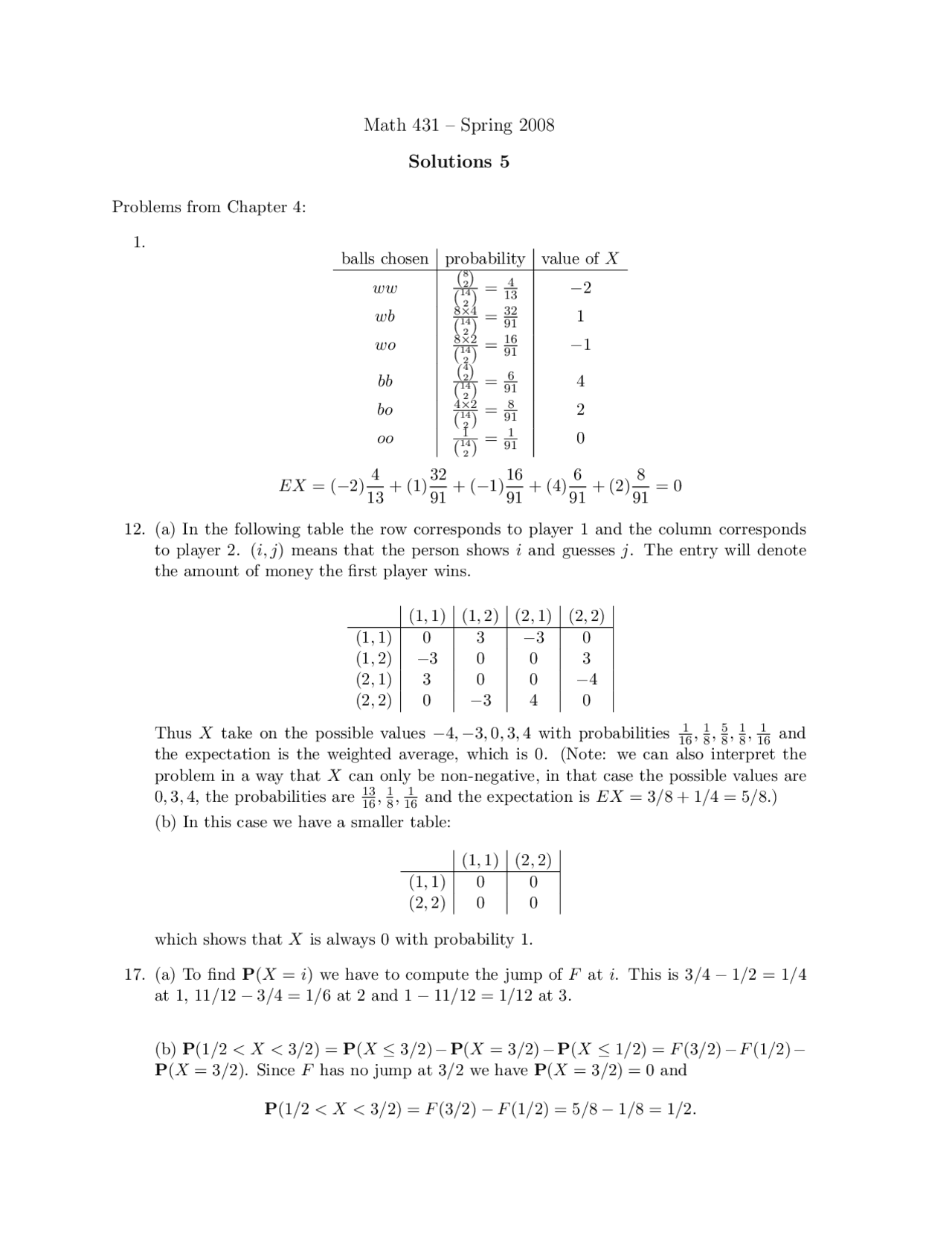 Problem Set 5 with Solution - Introduction to Theory of Probability | MATH 431 - Docsity