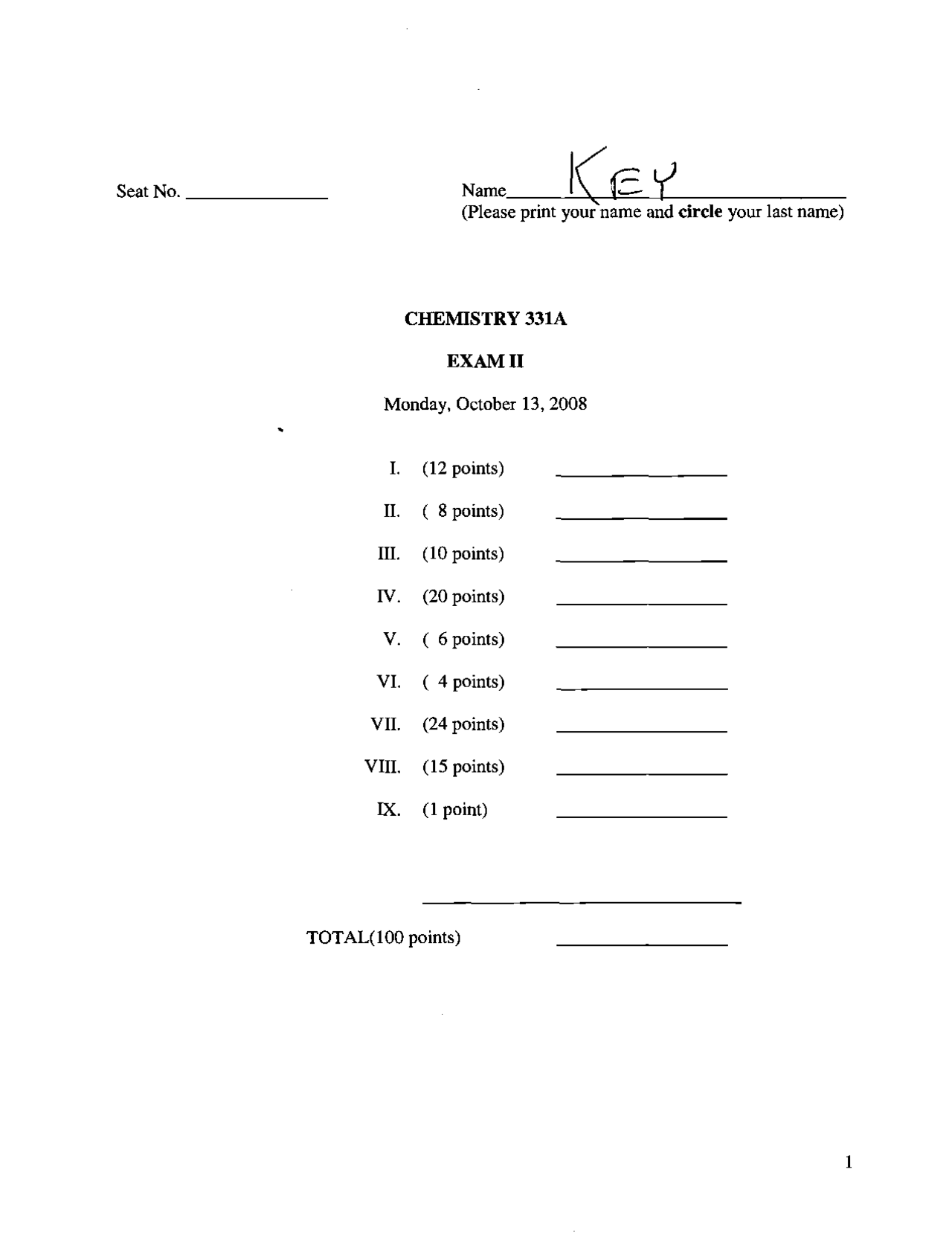 Organic Chemistry I Exam 2 With Answers Chem 331 Docsity