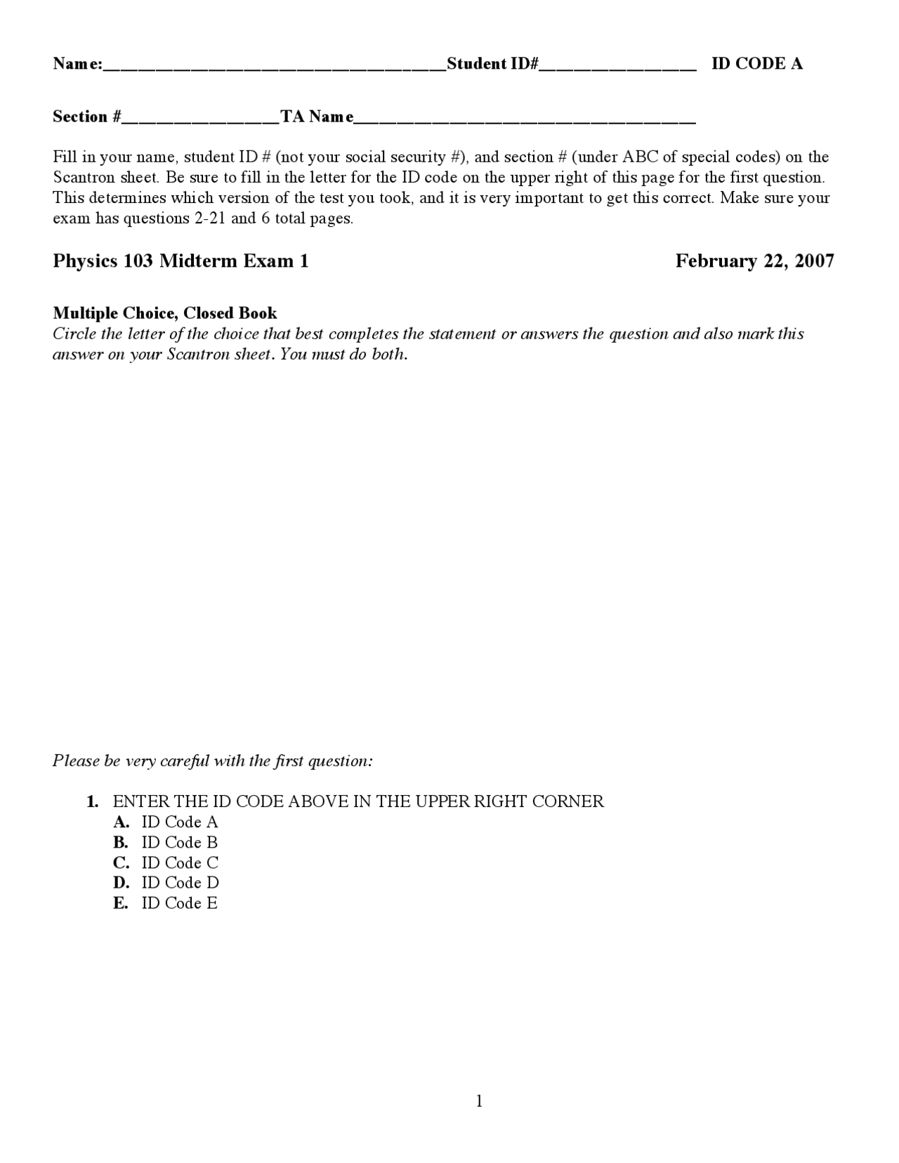 Multiple Choice for Midterm Exam 1 - General Physics | PHYSICS 103 ...