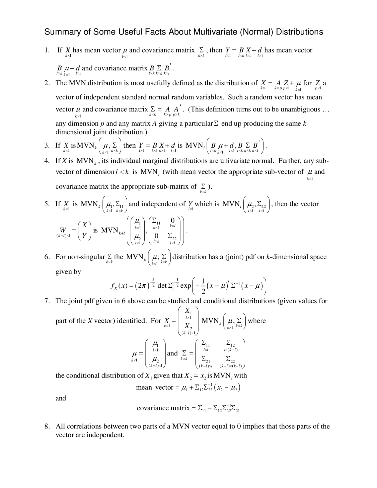 Some Useful Facts About Multivariate Distributions Stat 542 Docsity
