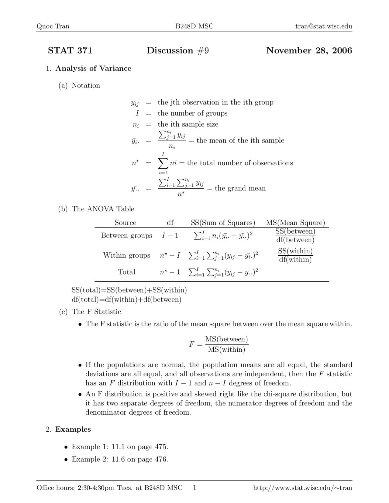 Analysis of Variance (ANOVA) - Quoc Tran's STAT 371 Discussion #9 - Prof. Quoc T. Tran ...