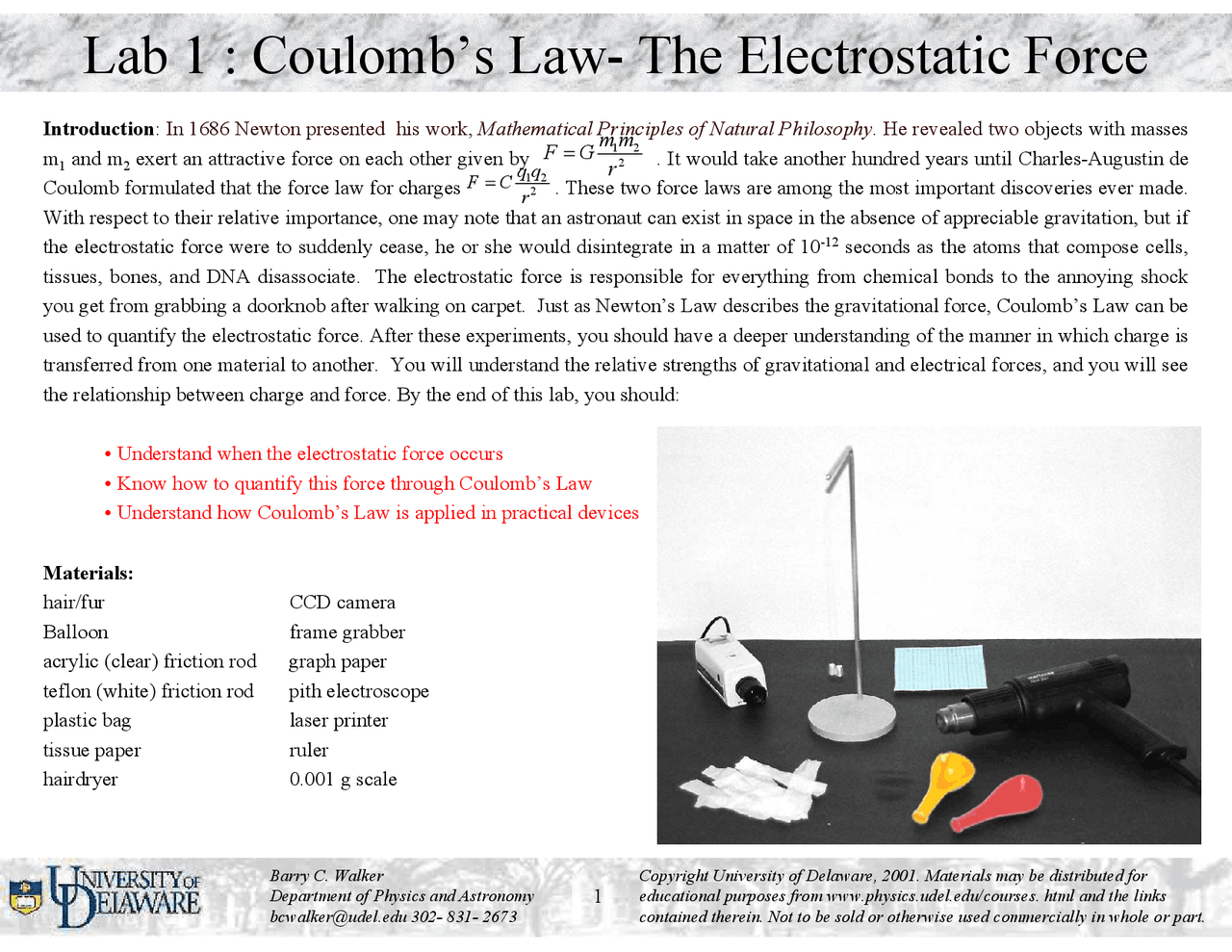 Coulomb's Law-The Electrostatic Force - Lab I | PHYS 208 - Docsity