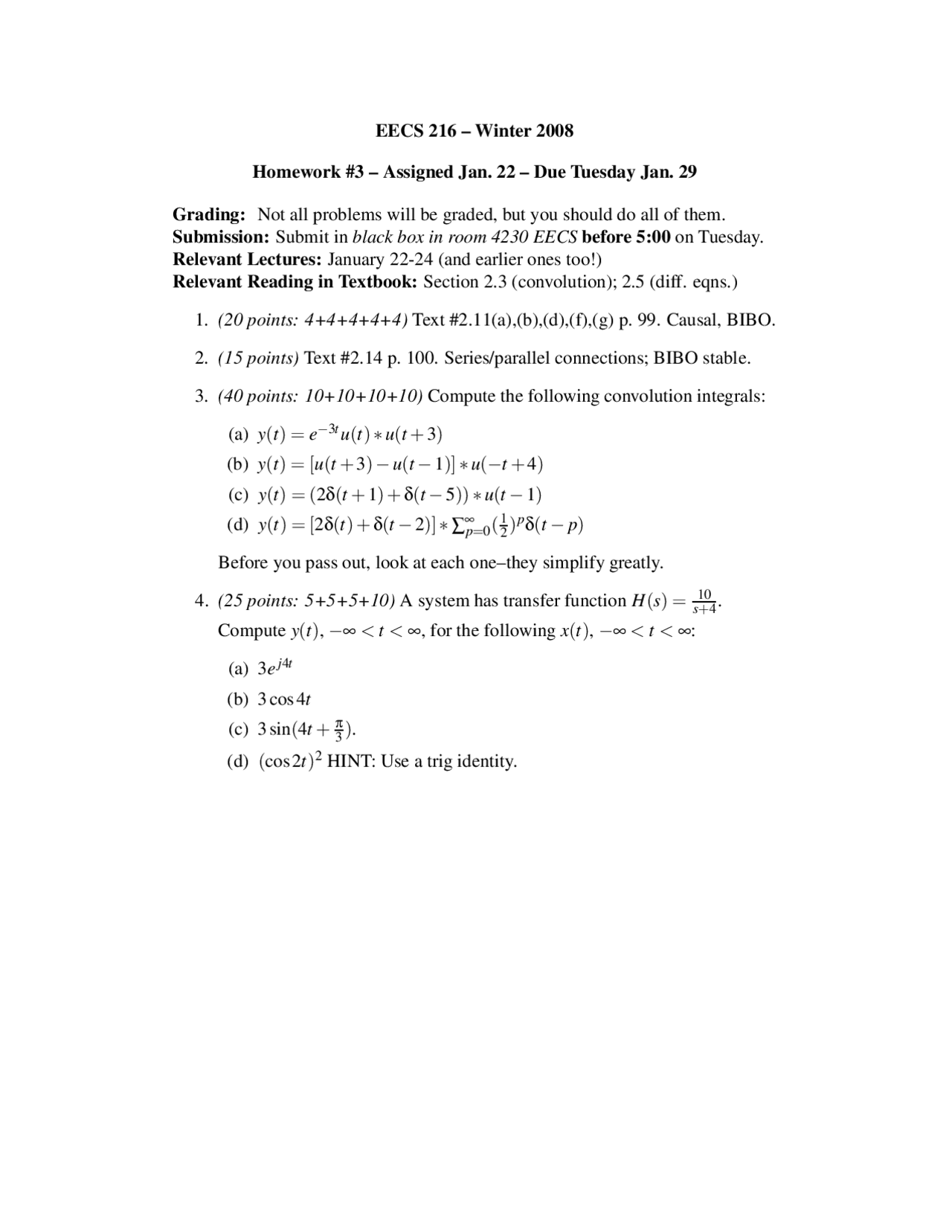 Introduction To Signals And System Problem Set Iii Eecs 216 Docsity