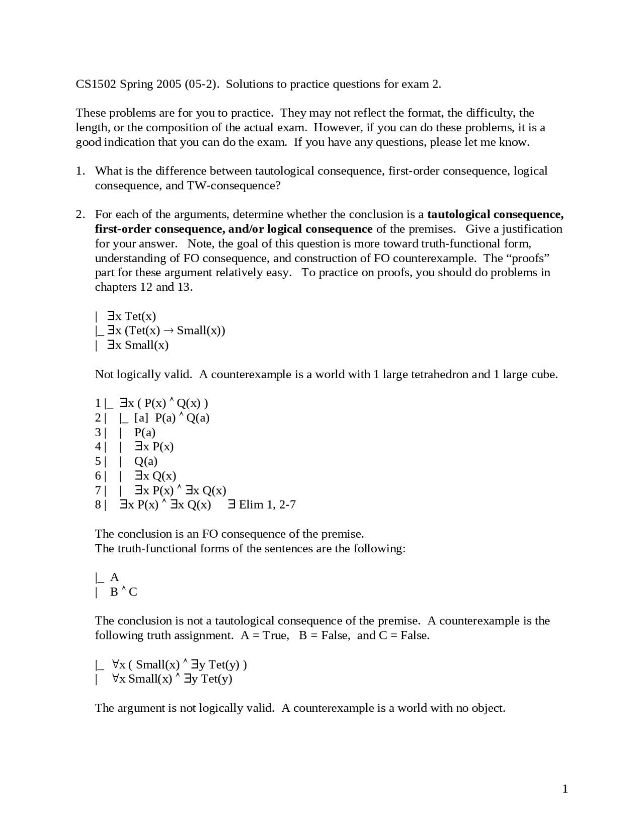 Solutions To Questions For Exam 2 Formal Methods In Computer Science