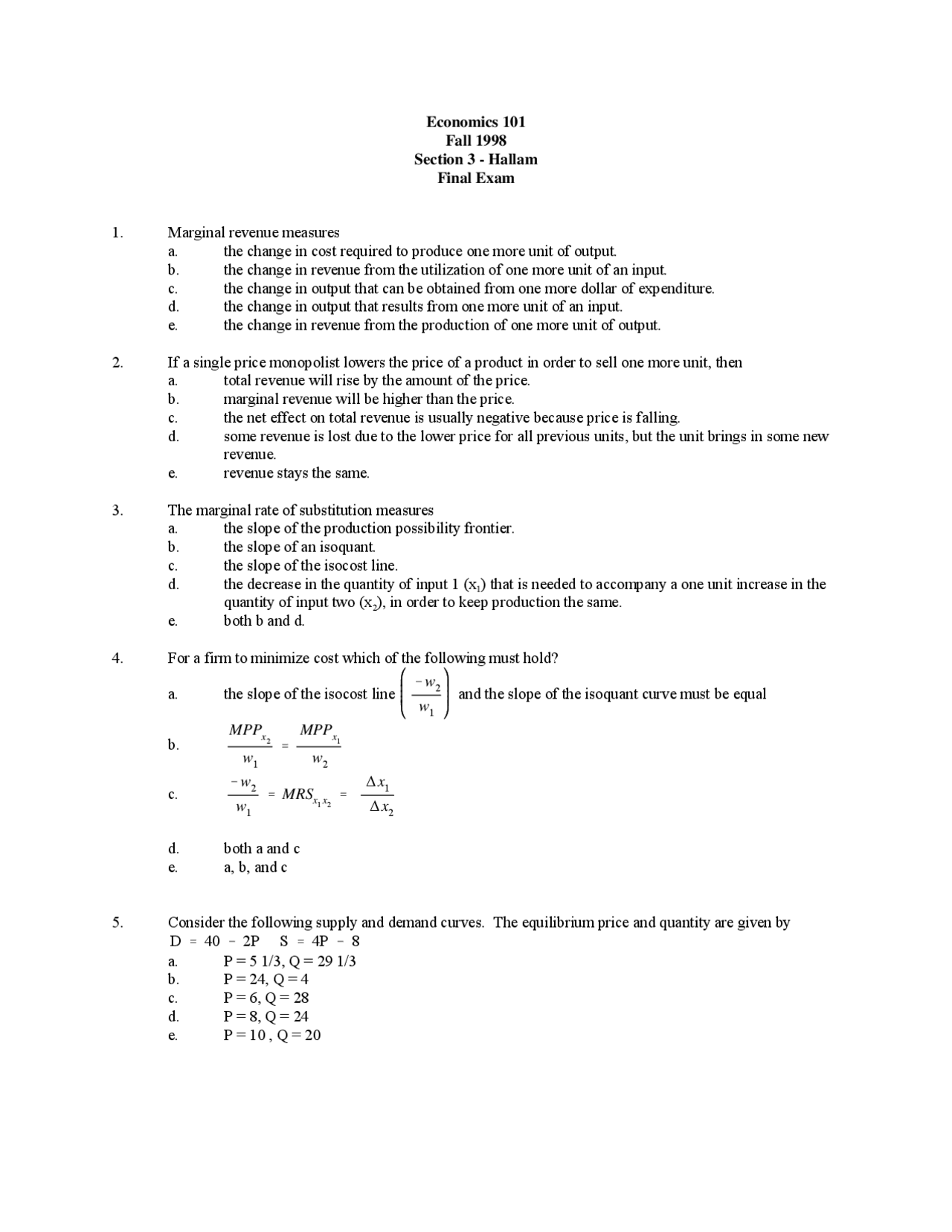 43 Mcqs For Final Exam Principles Of Microeconomics Econ 101 Docsity
