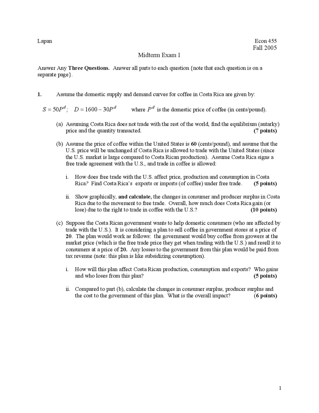 Questions on International Trade - Midterm Exam I | ECON 455 - Docsity