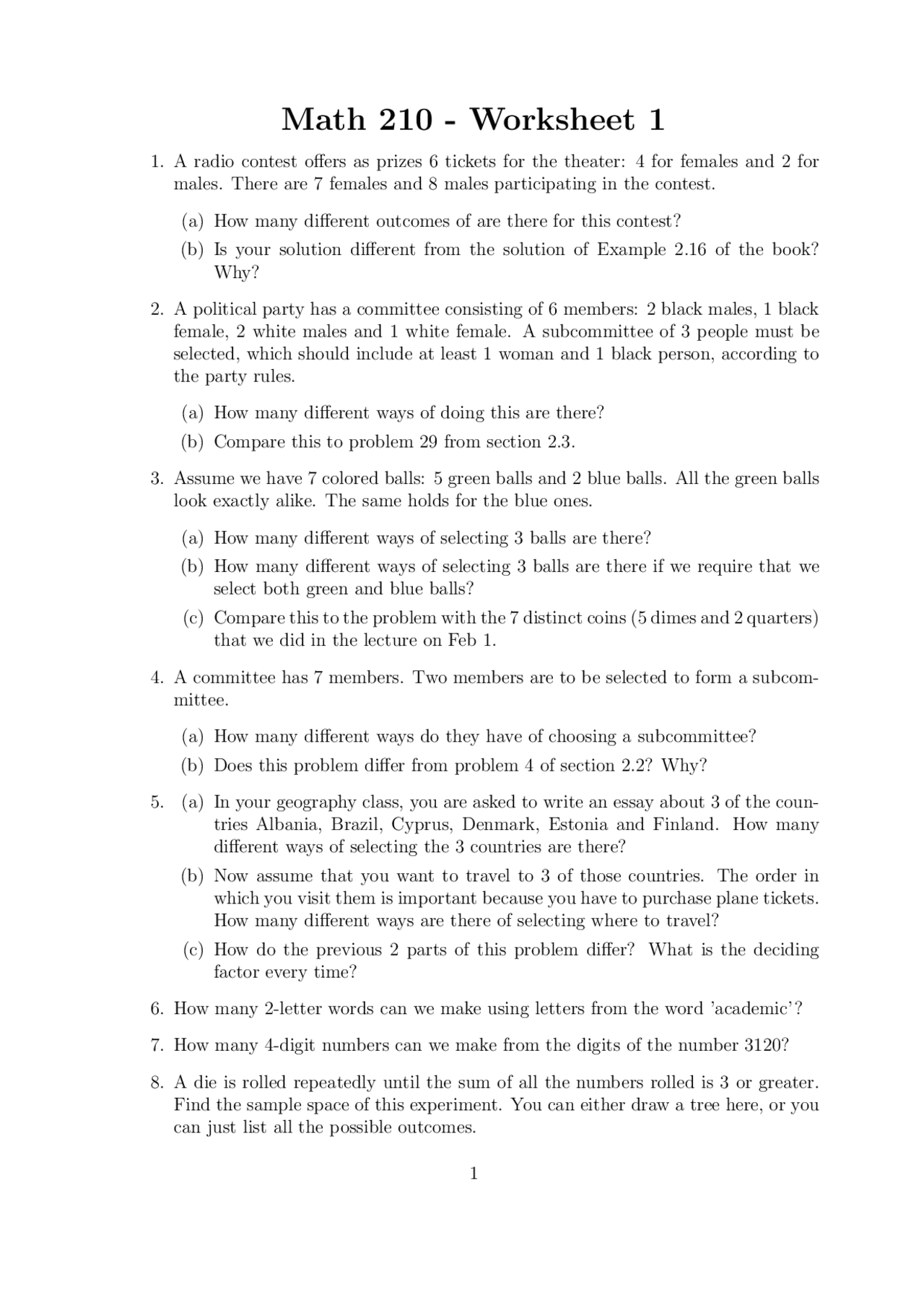 Worksheet 1 For Topics In Finite Mathematics Math 210 Docsity