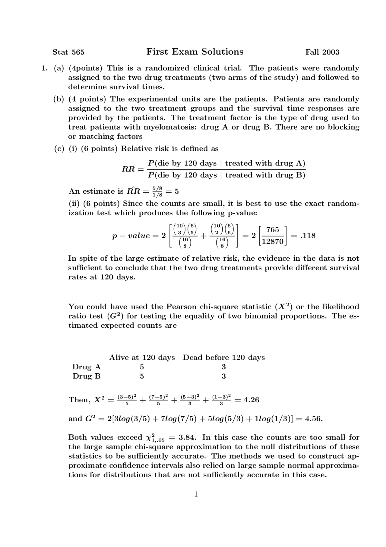 Solutions For Exam 1 Methods Of Biostatistics Stat 565 Docsity