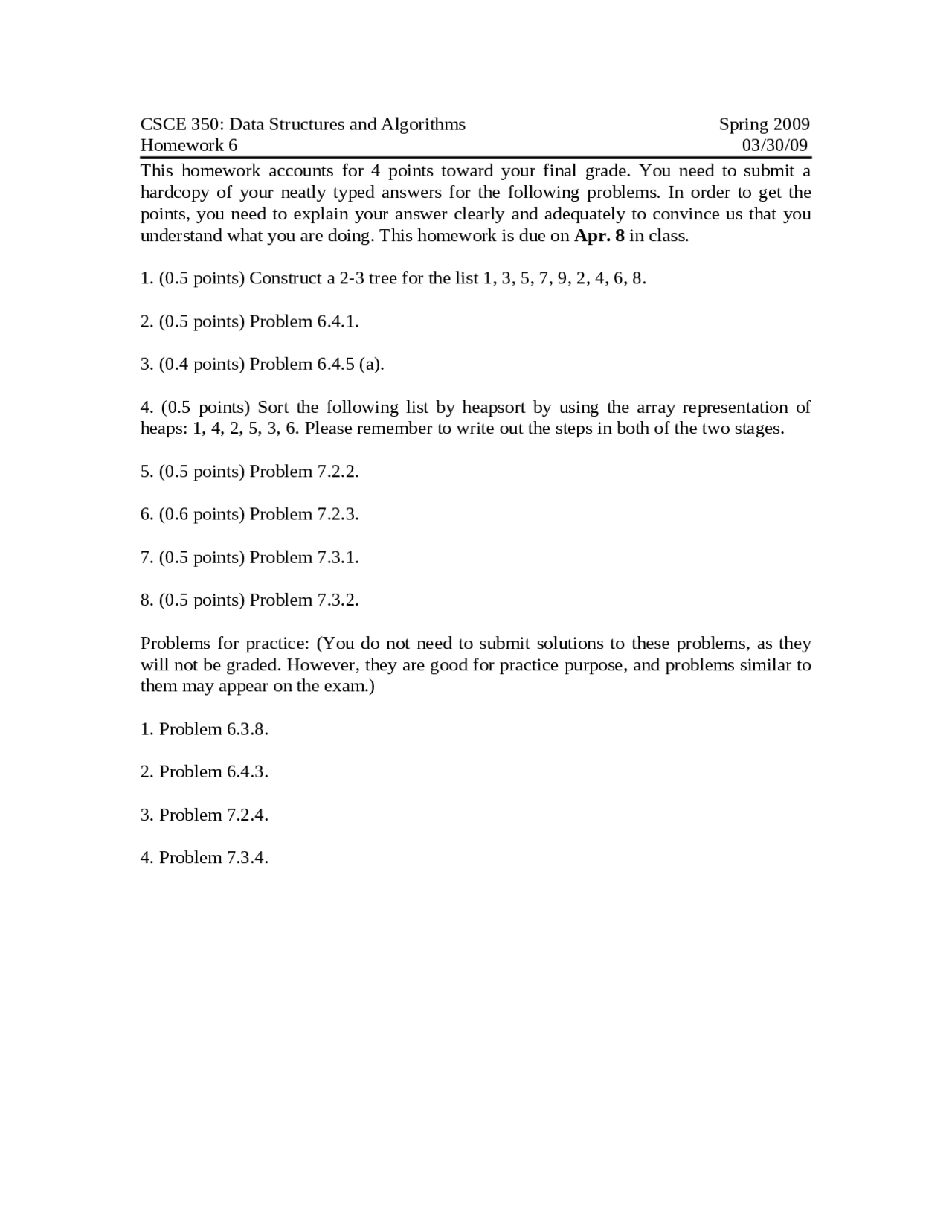 Homework 6 Data Structures And Algorithms 12 Problems Csce 350 7563