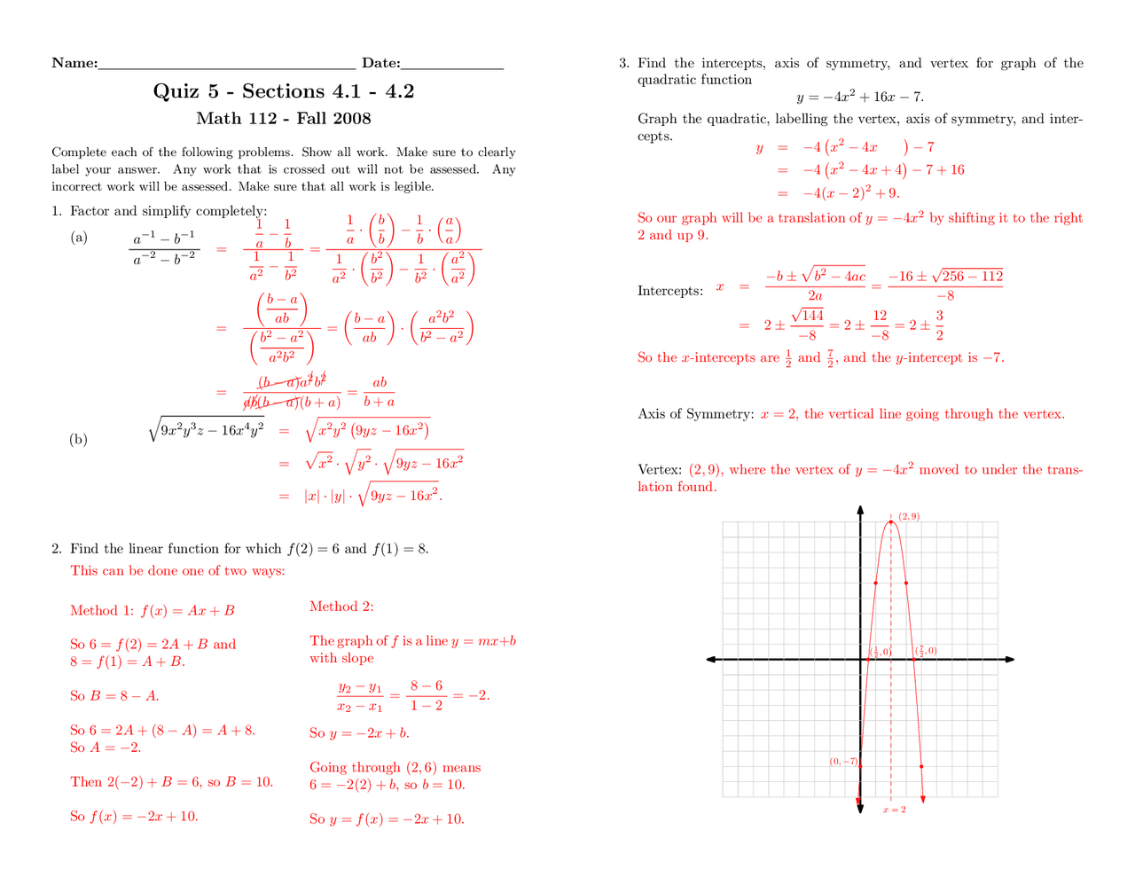 Quiz 5 Solutions for Math 112 - Fall 2008 (Sections 4.1-4.2) | Quizzes Algebra | Docsity