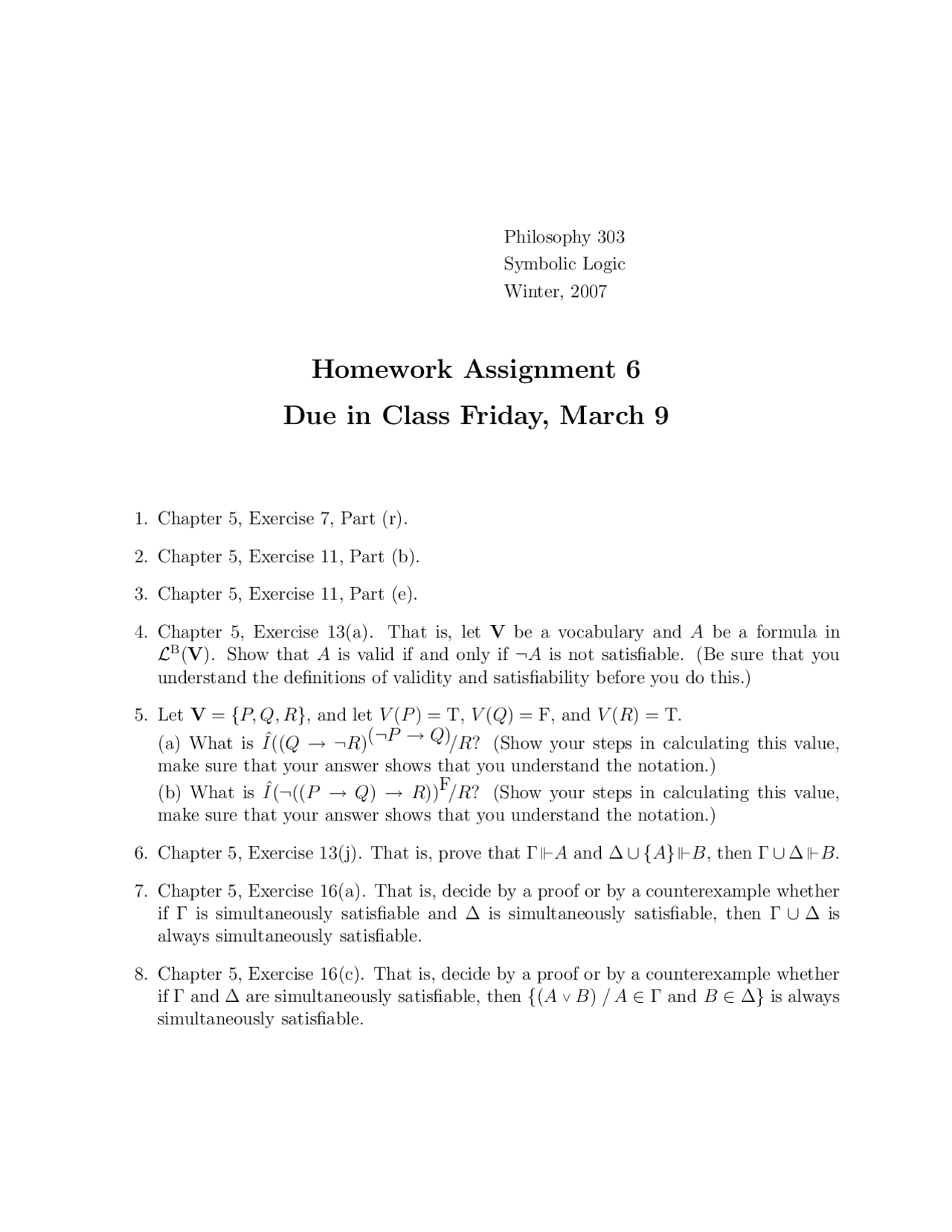Homework 6 Introduction Symbol Logic Winter 2007 Phil 303 Docsity