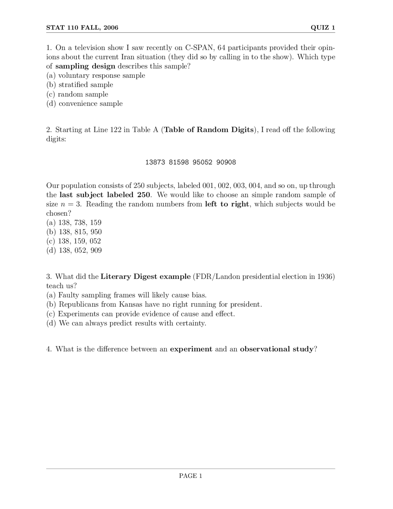 Quiz 1 For Introduction To Statistical Reasoning Stat 110 Docsity