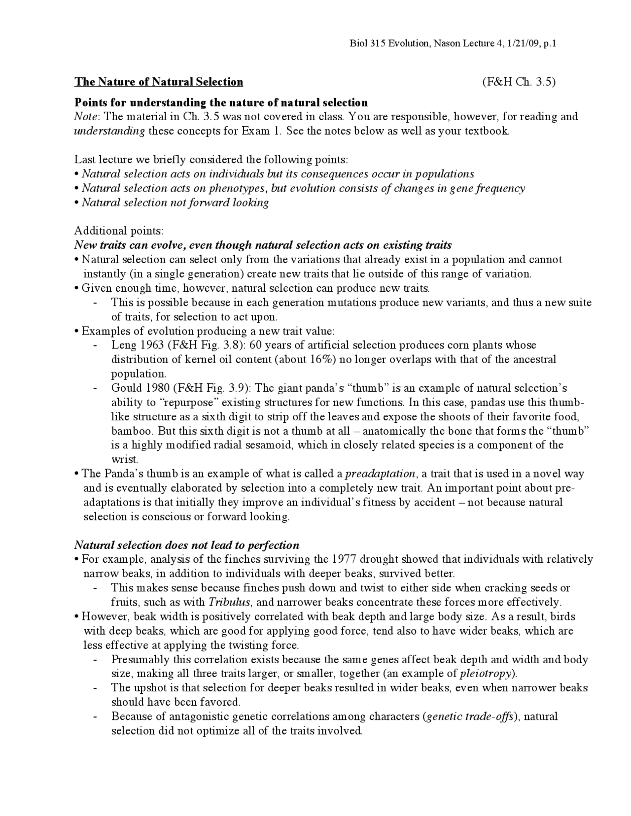 The Nature Of Natural Selection Lecture Notes Biol 315 Docsity