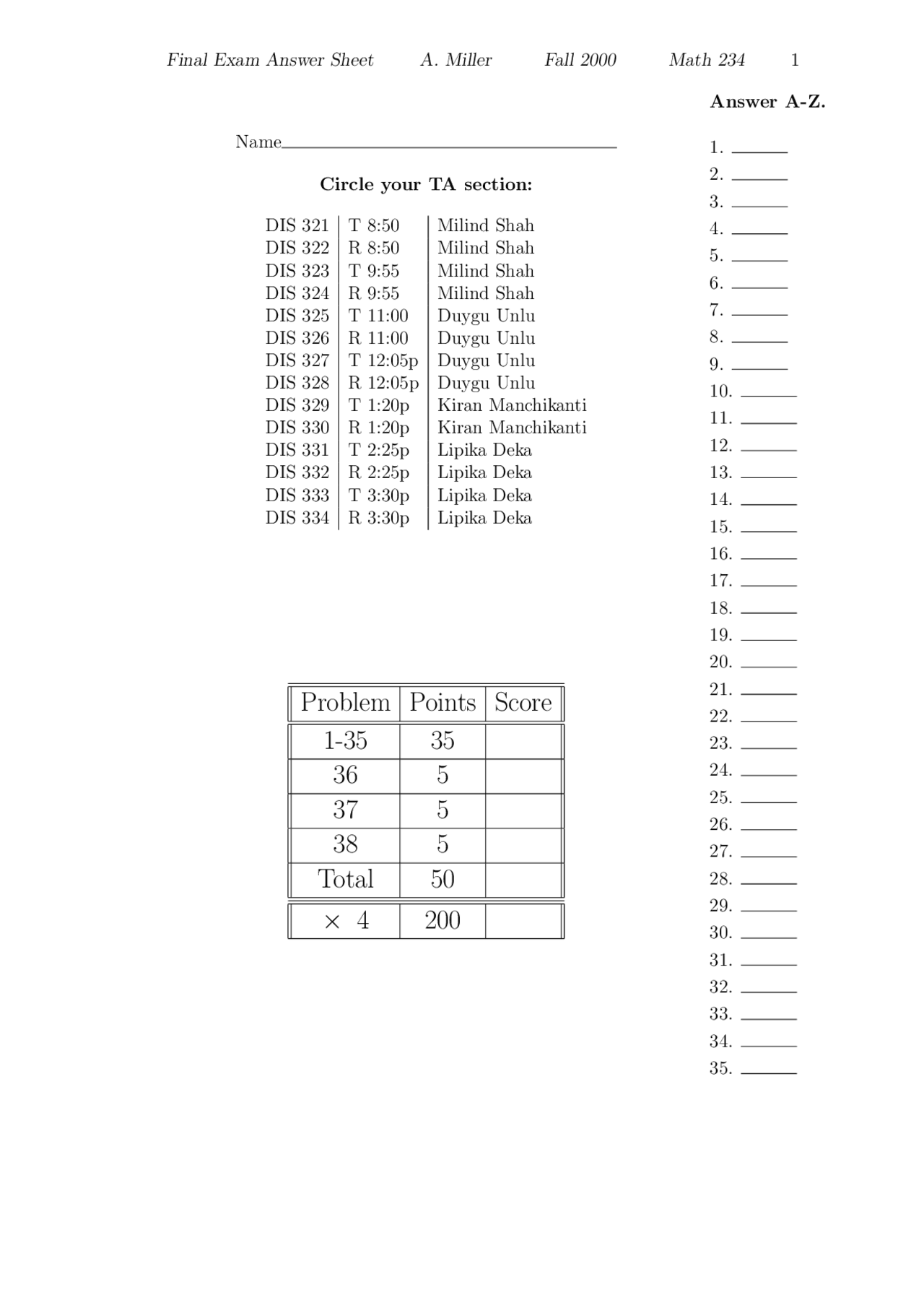 Final Exam Answer Sheet For Calculus Functions Of Several Variables