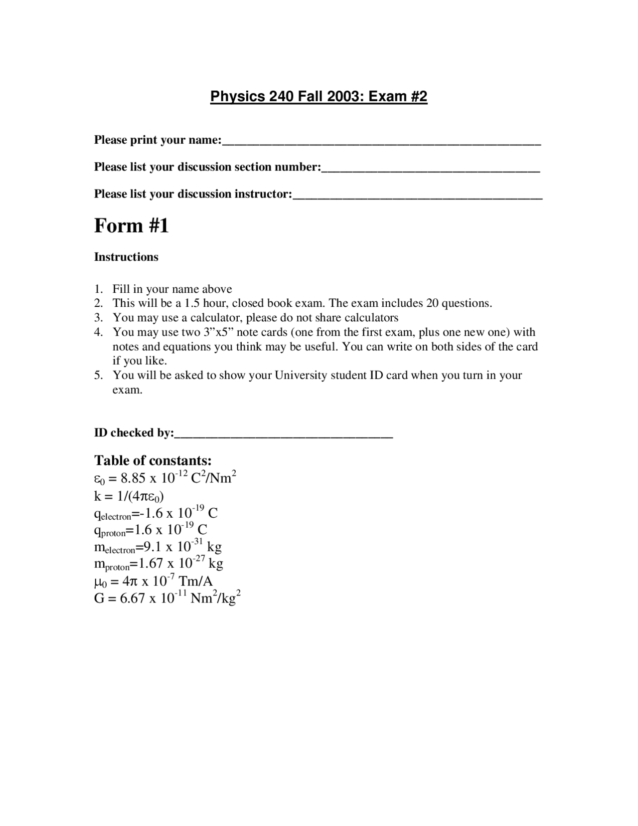 Exam 2 Sample Questions General Physics Ii Physics 240 Docsity